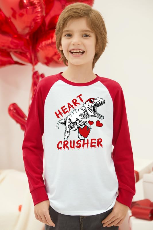 Valentine's Day Toddler Boys Girls White Dinosaur Heart Crusher Top Raglan Long Sleeve Shirt 1-2 Years