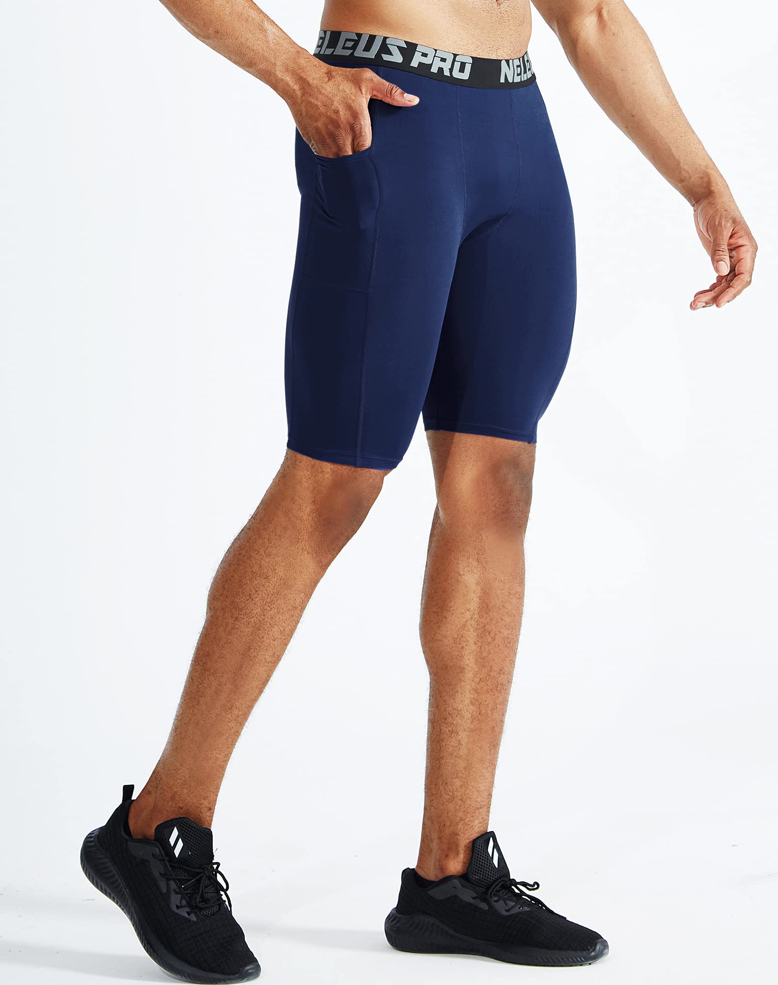 NELEUS Men's 3 Pack Compression Shorts with Pockets Dry Fit Yoga Running Shorts,6063,Black/Grey/Navy Blue,US L,EU XL