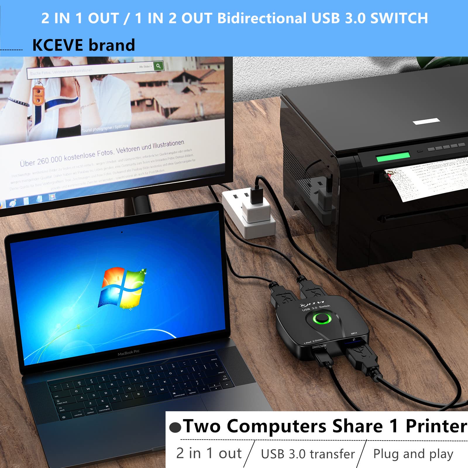 USB 3.0 Switch Selector, NAWEN USB Sharing Switch 2 in 1 Out / 1 in 2 Out Bidirectional USB Switcher 2 Computers Share 1 USB Device for Keyboard, Mouse, Printer, with 2 USB Cables