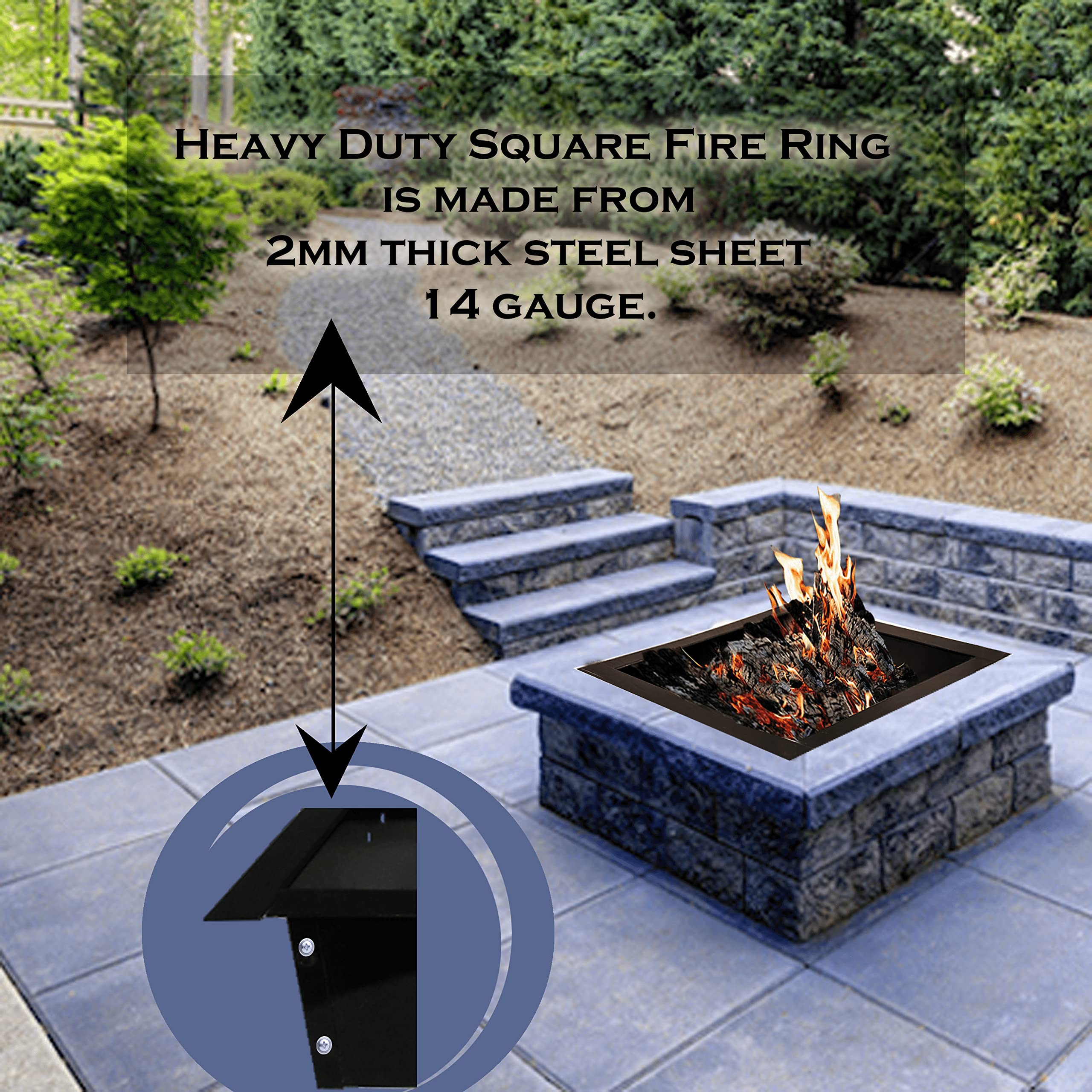 Square Fire Pit Ring/Insert, Fire Pit Liner, Outdoor Heavy Duty 2.0mm Steel, 25 Inch Inside Diameter, 29 Inch Outside Diameter