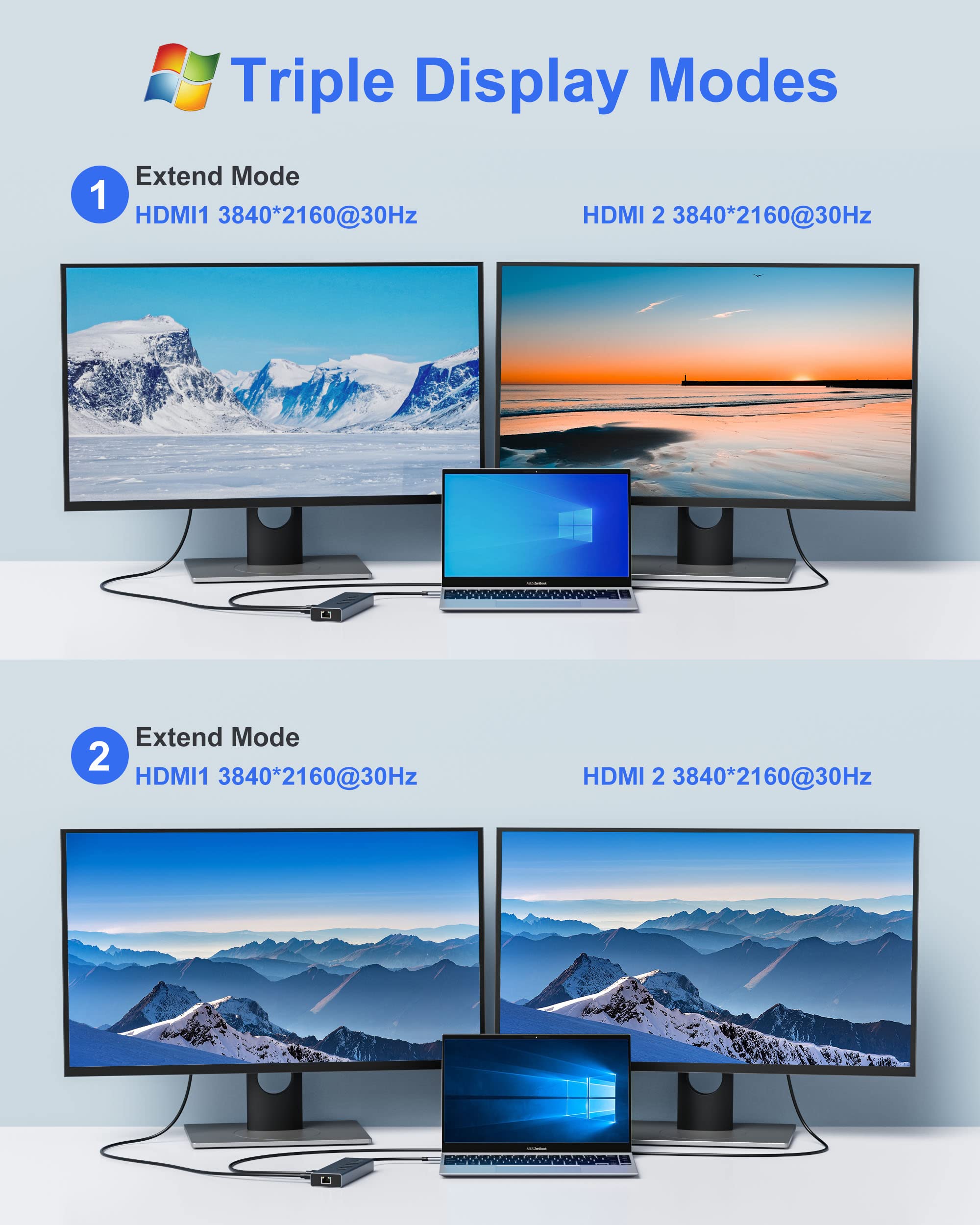 USB C Docking Station Dual Monitor, 10 in 1 Laptop Docking Station USB C Hub Dual HDMI Adapter, USB Dongle with 2 HDMI, Ethernet, 2 USB 3.1, 3 USB 3.0, USB C Data and PD for MacBook/HP/Dell/Lenovo.