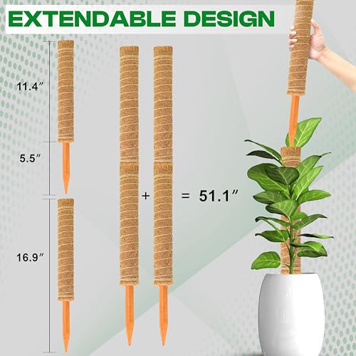Moss Pole for Plants Monstera - 51.1” Stackable Plant Poles for Potted Plants Indoor and Outdoor (4 Pcs) – 16.9” Long Natural Coir Moss Sticks with Garden Twist Ties and Jute Rope