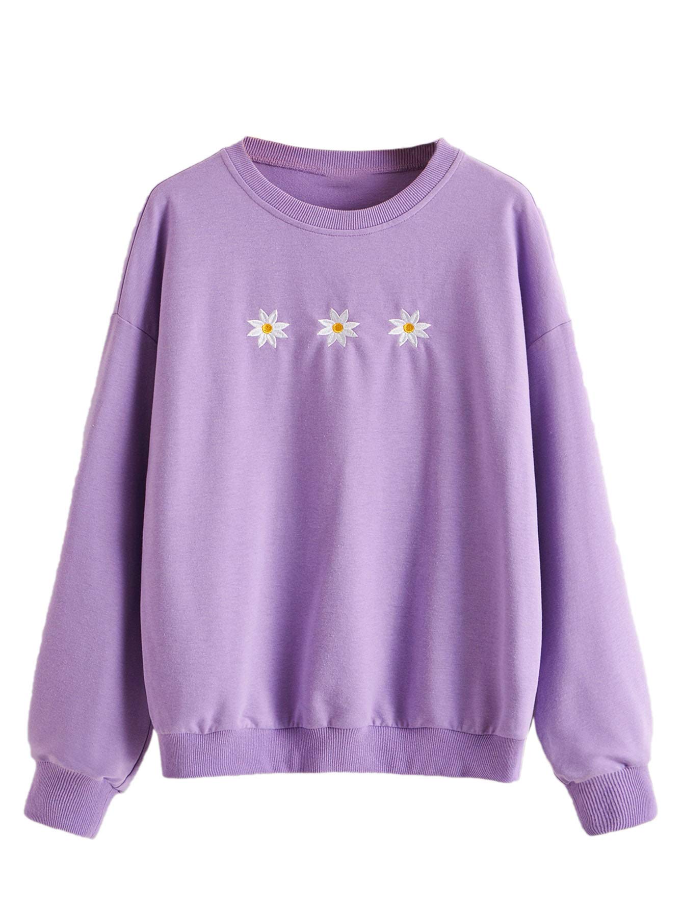 MakeMeChic Women's Floral Embroidered Round Neck Long Sleeve Sweatshirt Pullover Tops Lilac Purple S