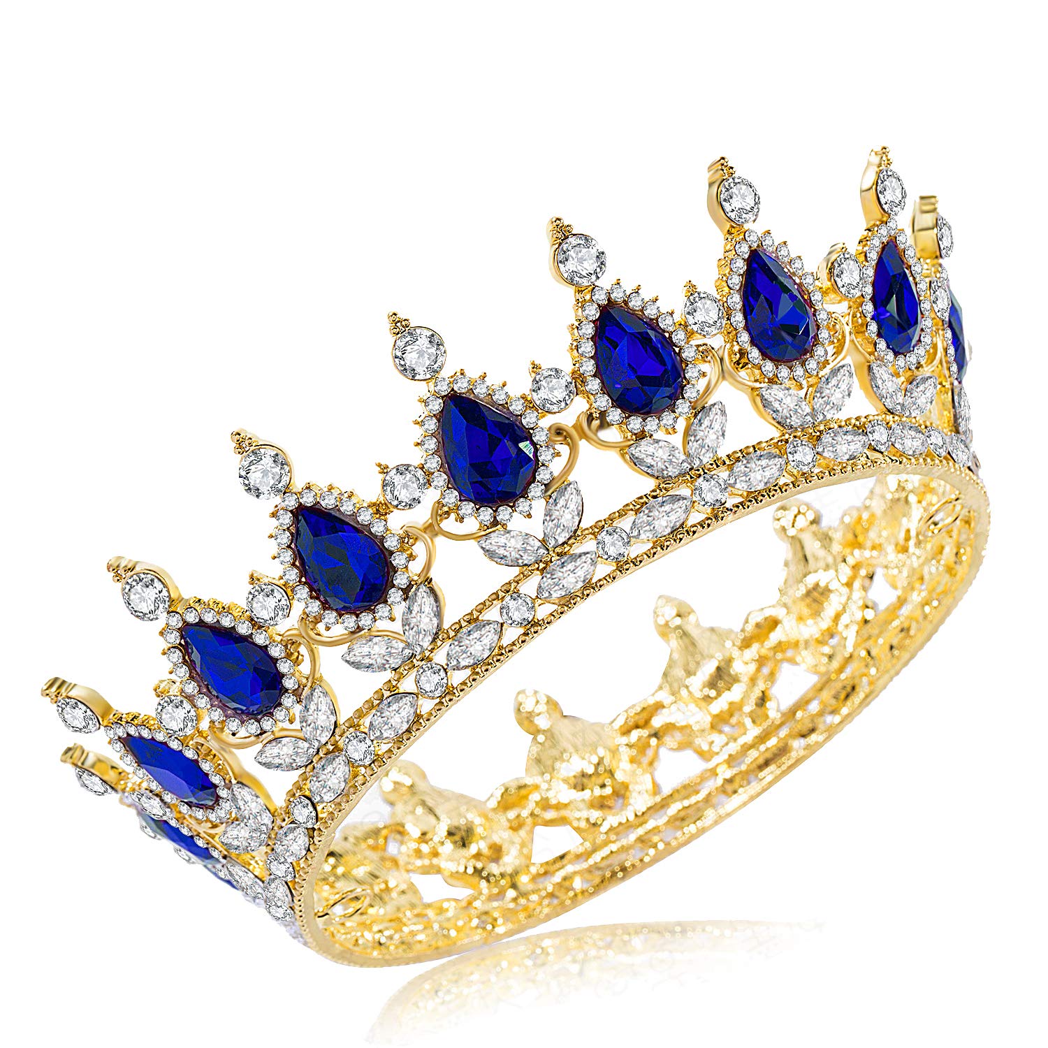 Pensoda Rhinestone Cake Topper Crown Fancy Party Cake Decoration Princess And Prince Headpiece (Gold-blue)