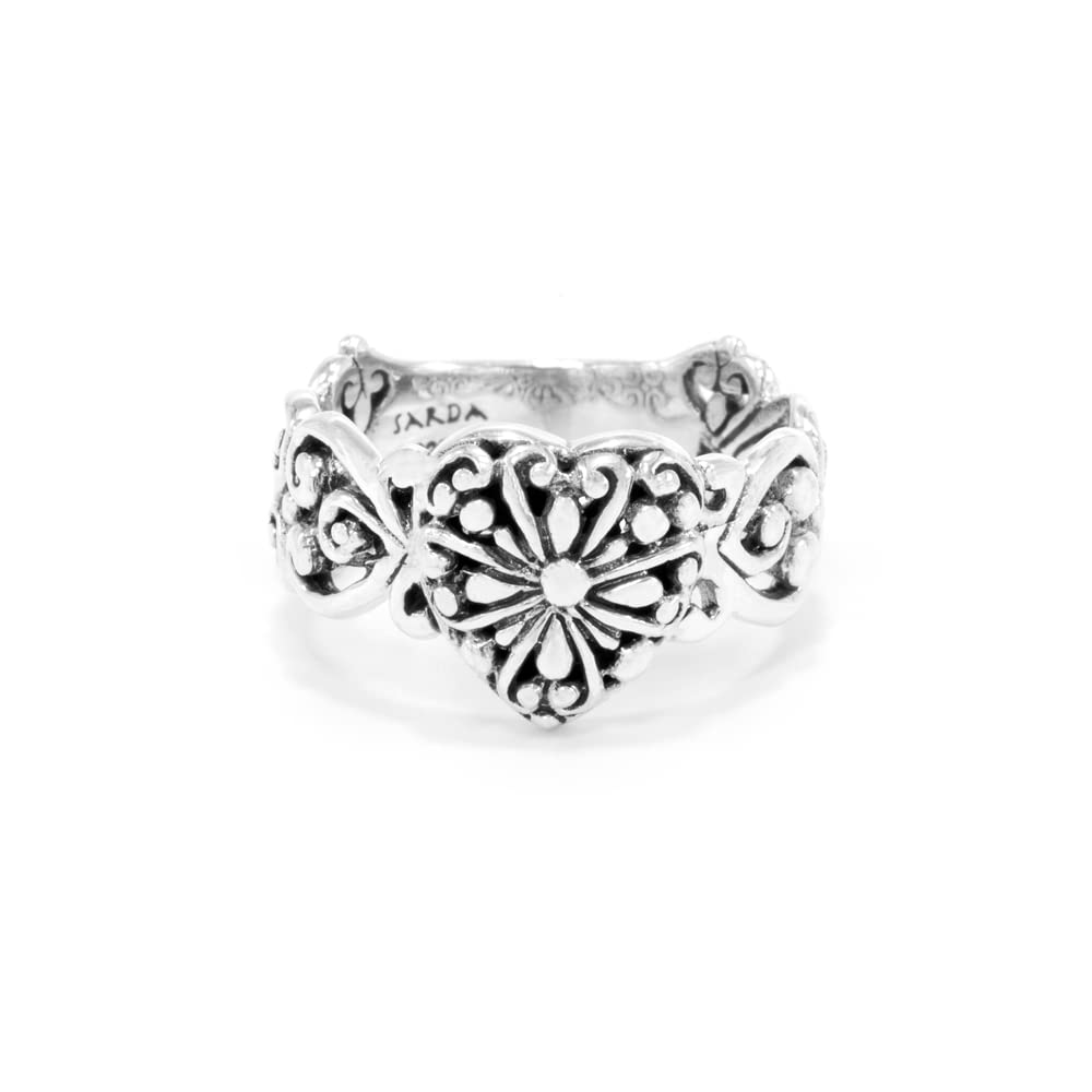 SARDA - .925 Sterling Silver ‘God so Loved the World’ 1/4” Filigree Heart Ring, Size 8 - Handmade by Bali Artisans