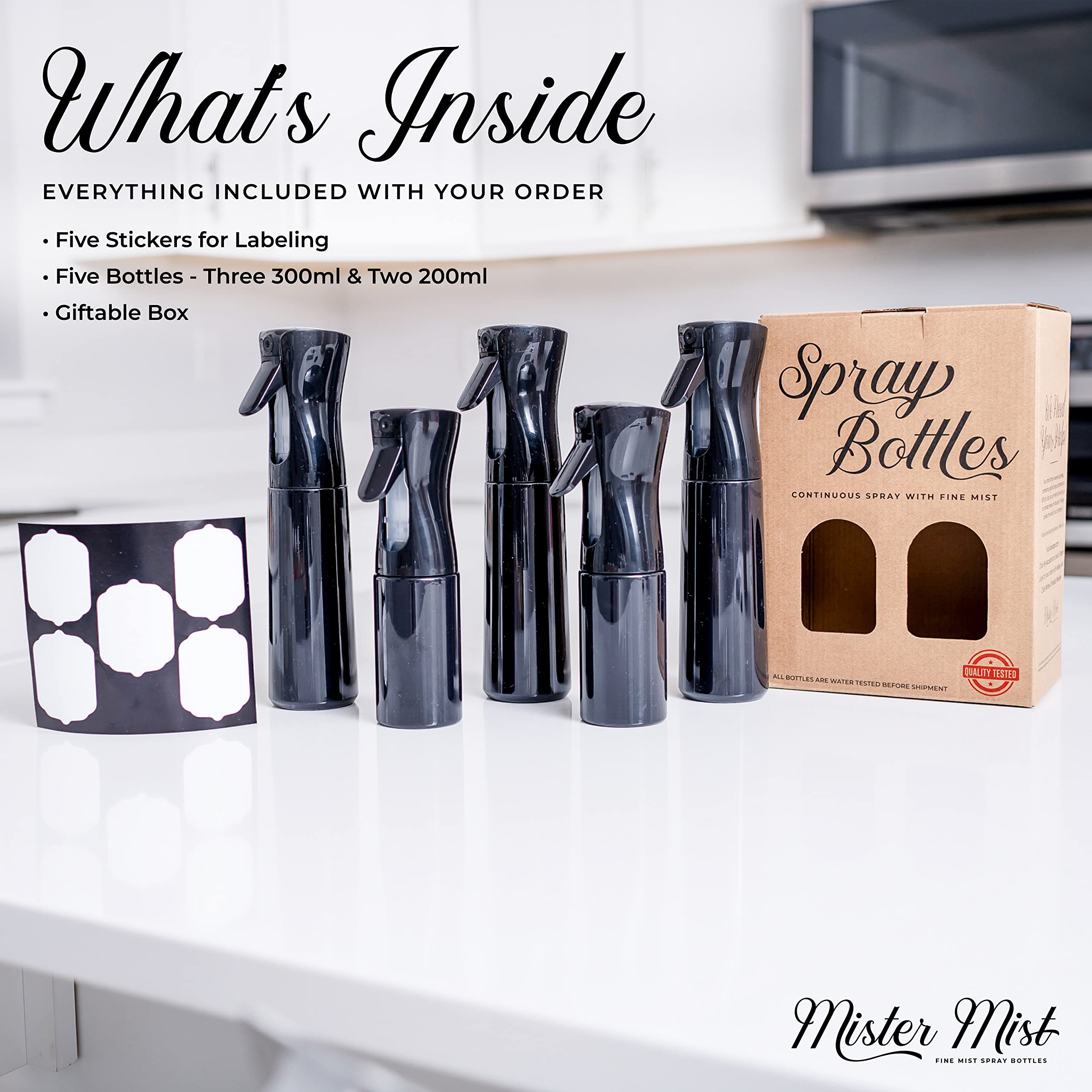 Mister Mist Spray Bottles 5-Pack. Continuous Mist Spray Bottle for Hair Mist, Plant Mister Spray Bottle for Plants, Cleaning Spray Bottle, Fine Mist Water Spray Bottle. Empty Pressurized Spray Bottle