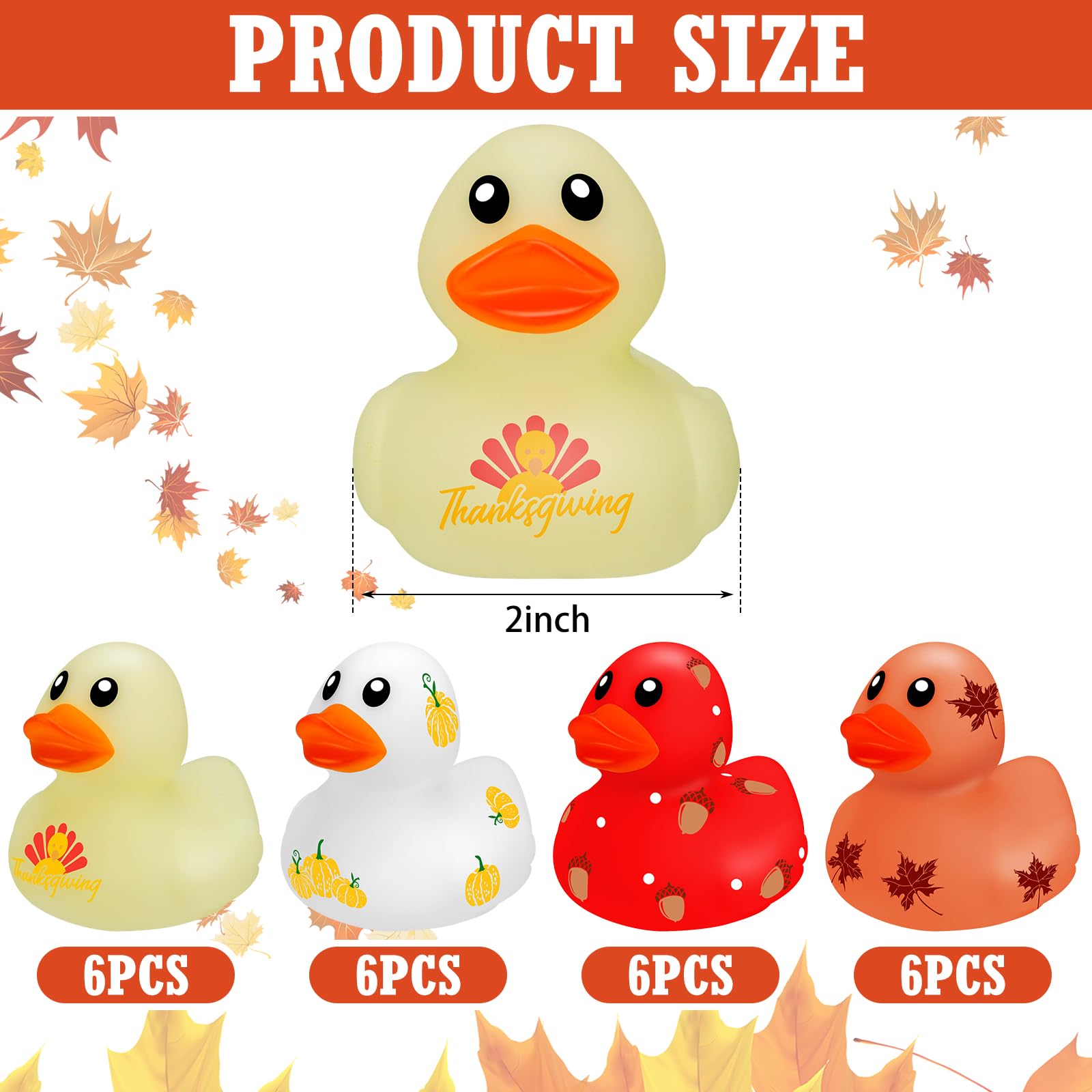 Libima 24 Pcs Thanksgiving Rubber Ducks 2'' Mini Fall Rubber Duckies with Pumpkin Leaf Turkey Patterns Autumn Themed Float Ducks for Thanksgiving Party Decoration Baby Shower Toy Class Game Reward