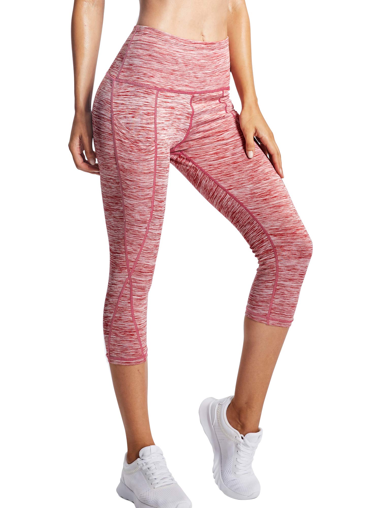 NELEUS Women's 2 Pack Yoga Capris Running Leggings with Pockets,9034,Black,red,S,EU M