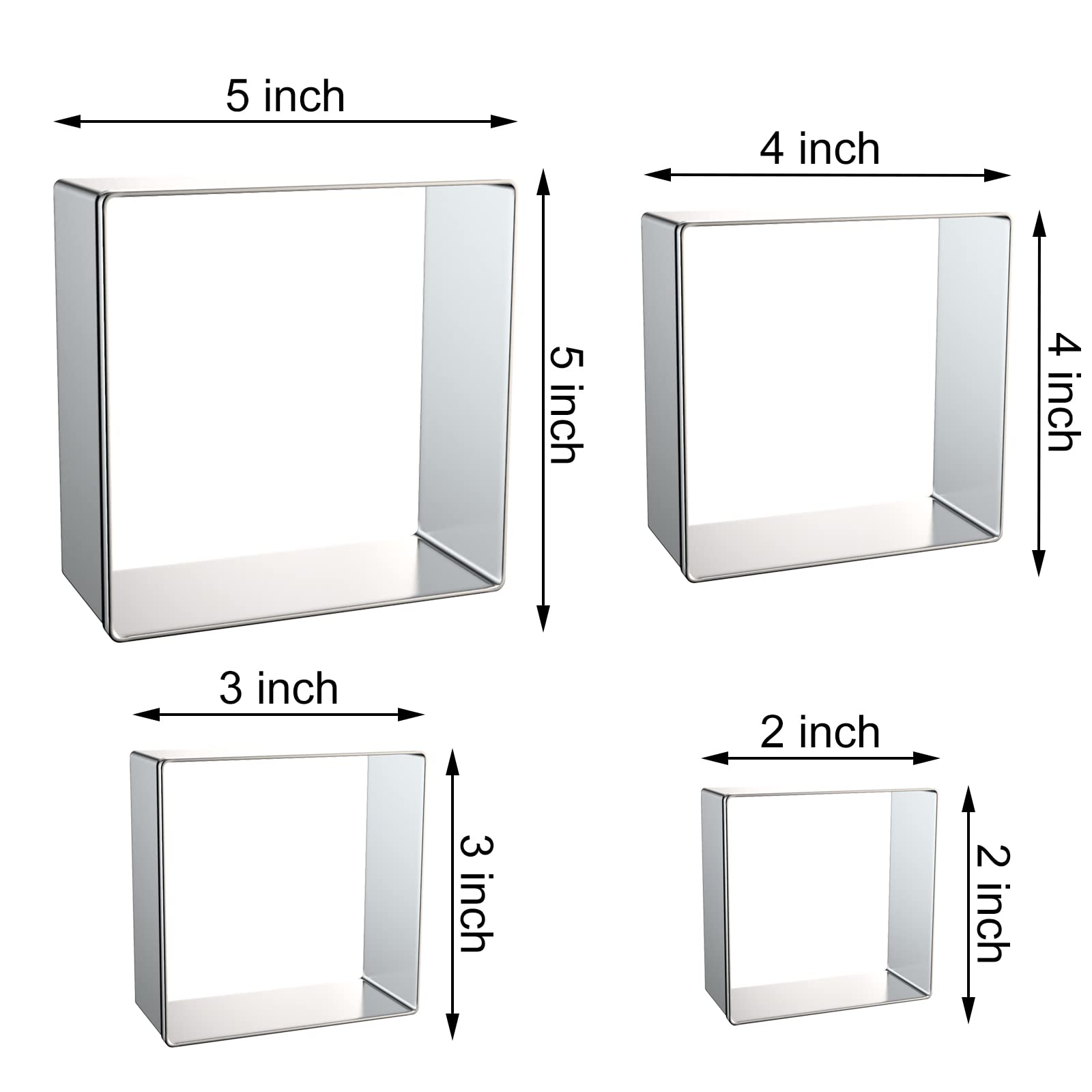 Square Cookie Cutter Set Large - 5 Inch, 4 Inch, 3 Inch, 2 Inch - Geometric Cookie Cutters Shapes Biscuit Molds - Stainless Steel