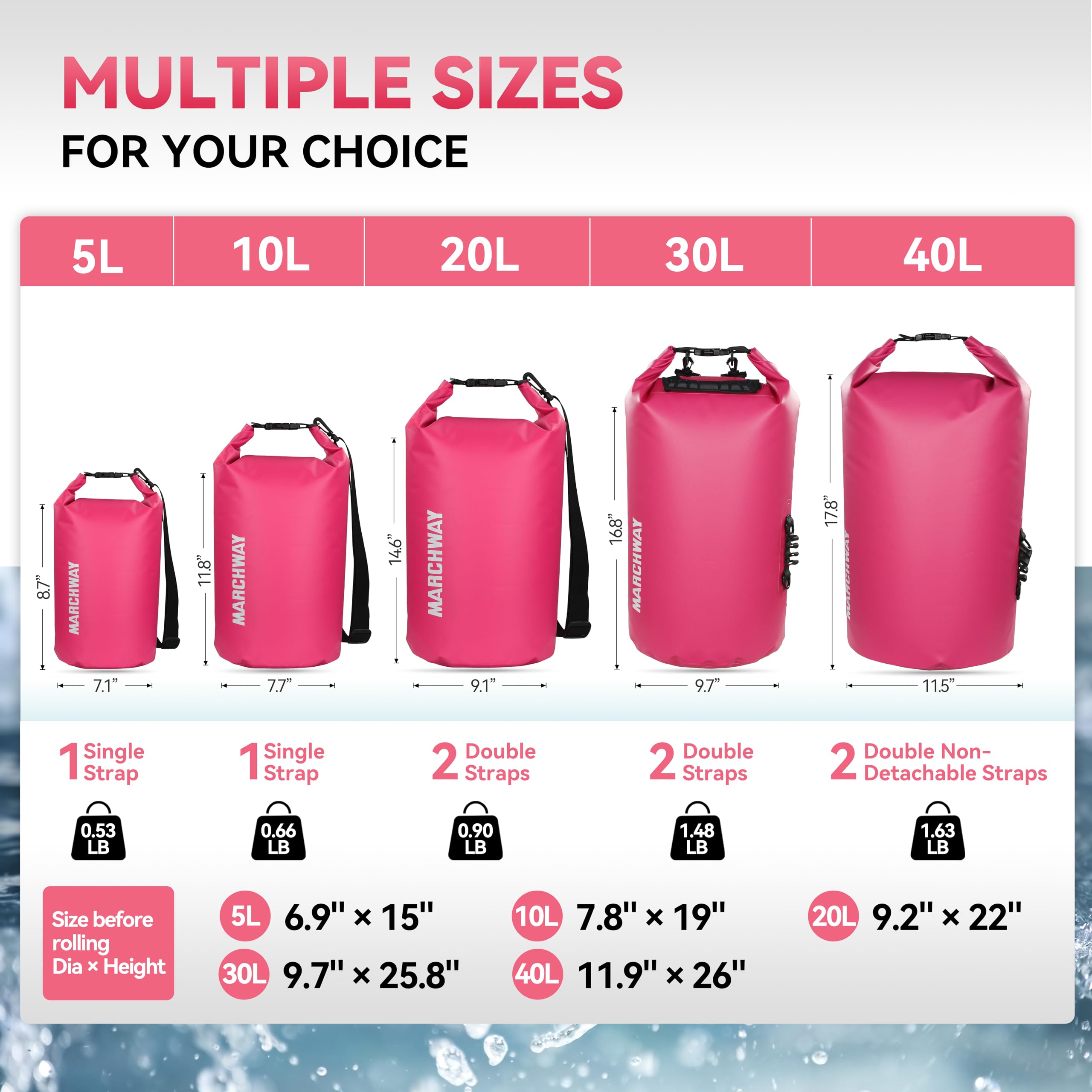 MARCHWAY Floating Waterproof Dry Bag Backpack 5L/10L/20L/30L/40L, Roll Top Sack Keeps Gear Dry for Kayaking, Rafting, Boating, Swimming, Camping, Hiking, Beach, Fishing (Pink, 20L)