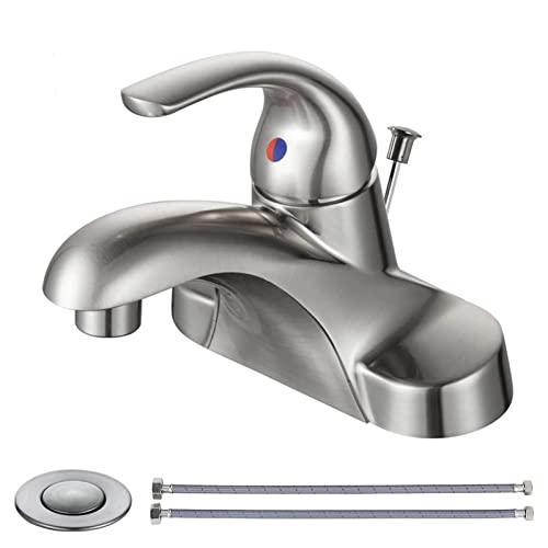 WOWOW Bathroom Faucet 1 Handle Low Arc Single Handle 4 inch Centerset Bathroom Sink Faucet with Pop Up Drain Assembly Basin Mixer Tap Brushed Nickel Vanity Faucets