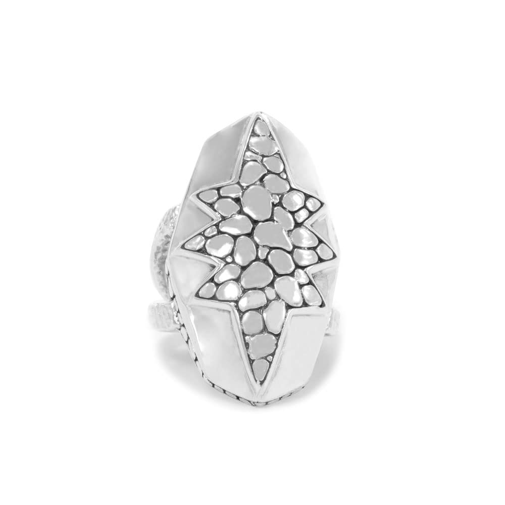 SARDA - .925 Sterling Silver 1-3/8" x 1/5" Watermark 8-Pointed Star Elongated Octagon Shaped Split Shank Statement Ring - Handmade by Bali Artisans - Size 7