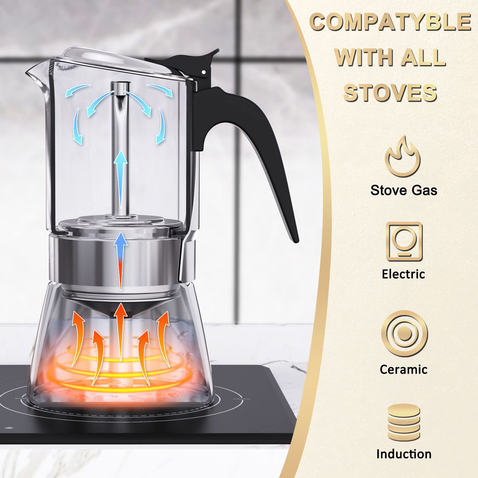 RAINBEAN Italian Expresso Maker, Moka Pot, Stovetop Coffee Makers, Stainless Steel Coffee Maker, Suitable for Induction Hob, 240ml/8.5oz/4 cup (espresso cup=50ml)