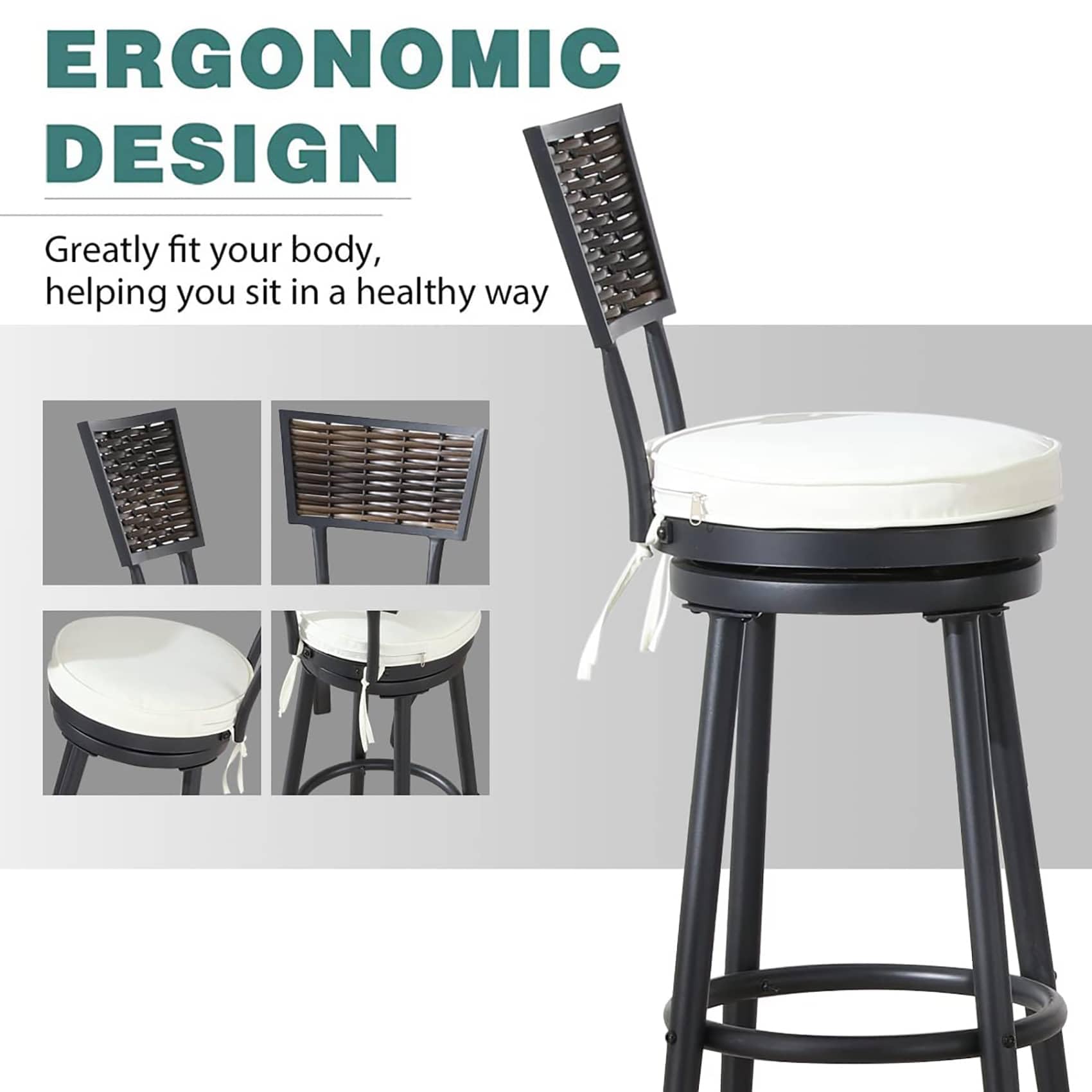 TOP HOME SPACE Patio Bar Stools Outdoor Swivel Bar Height Stool Chairs with Rattan Back Cushion for Deck Porch Backyard, Set of 4