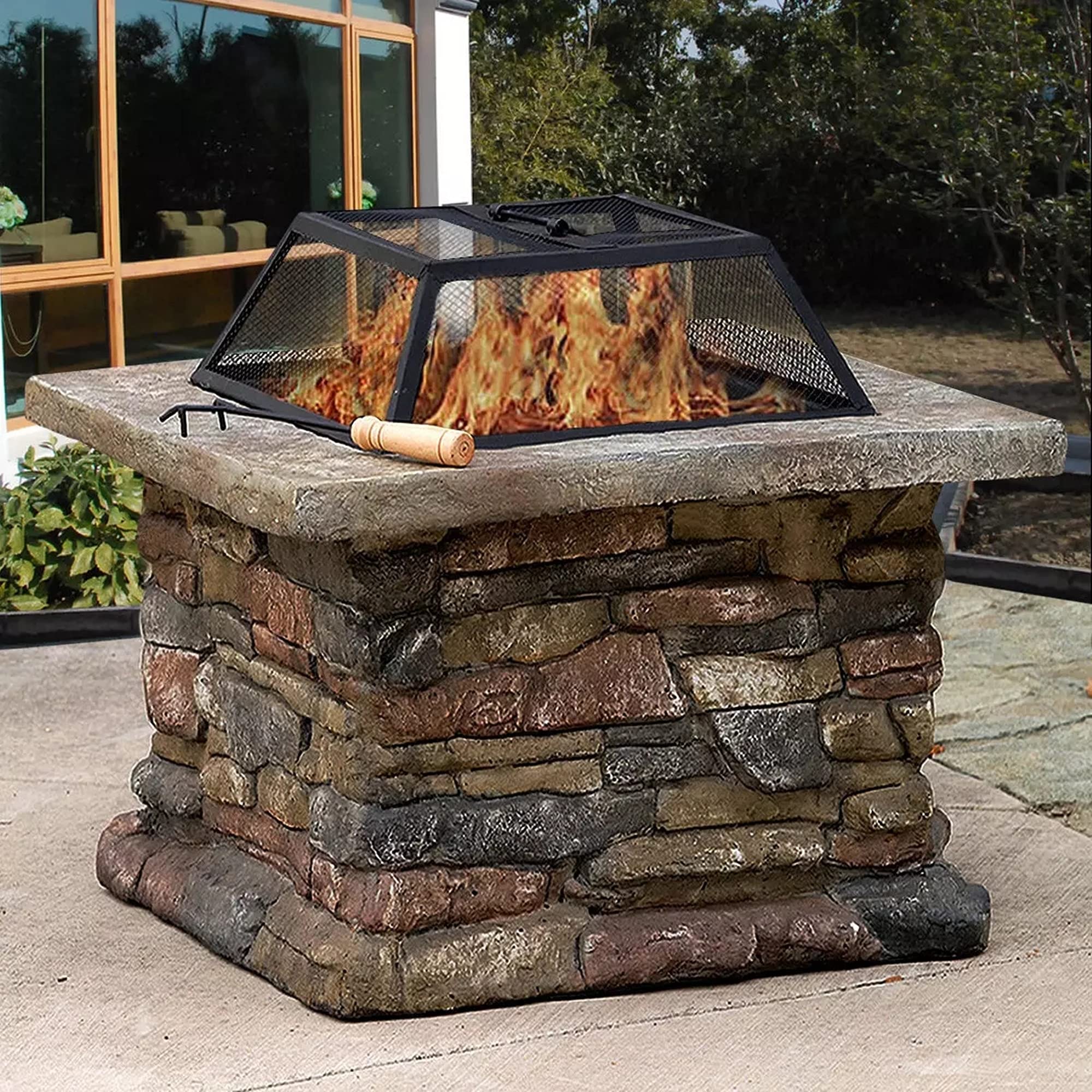 Luxurious Fire Pit Table, Outside Fire Pit Table & Coffee Table, Square Patio Firetable & Picnic Side Table, for Backyard, Garden, Camping, Party, Deck, Courtyard