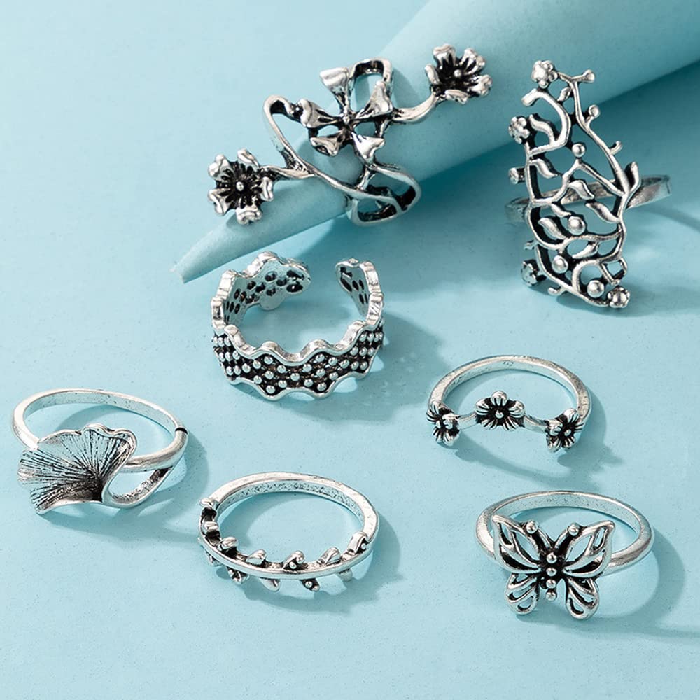 Octwine 7Pcs Silver Bohemian Statement Knuckle Rings Flower Carved Stackable Rings Stacking Ring Jewelry for Women and Girls
