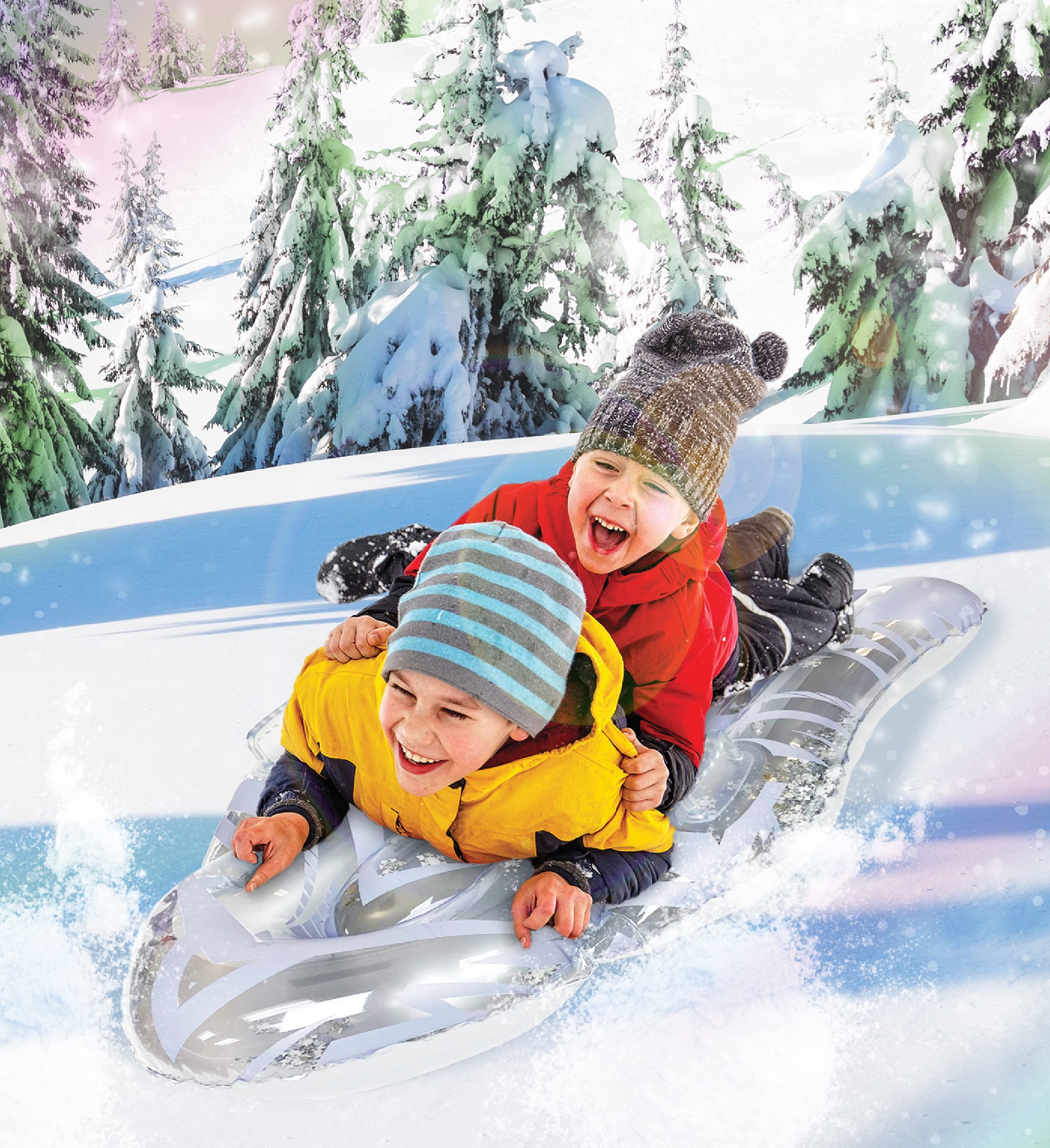 POZA Inflatable Silver Snow Boogie Sled – Luxurious Snow Sled with Handles and Filled with Silver Snowflake Confetti – Premium Heavy Duty Cold Resistant PVC Sled for Adults and Kids – 44 Inch