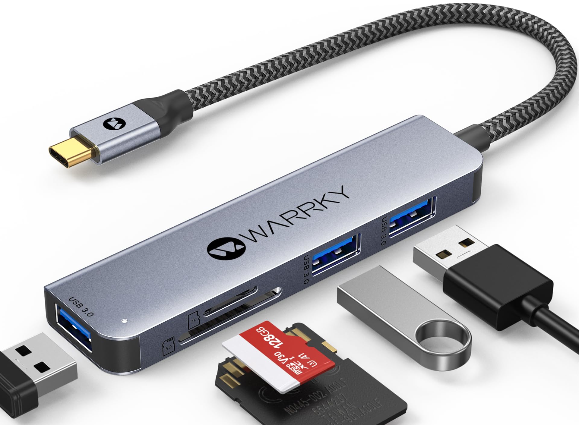 WARRKY USB C Hub, 5 in 1 SD/Micro SD Card Reader Adapter [Read 5 Ports Simultaneously, 3 Highspeed USB 3.0] 2TB Capacity OTG Compatible with iPhone 15 Pro, Samsung Galaxy, MacBook Pro/Air, iPad -Gray