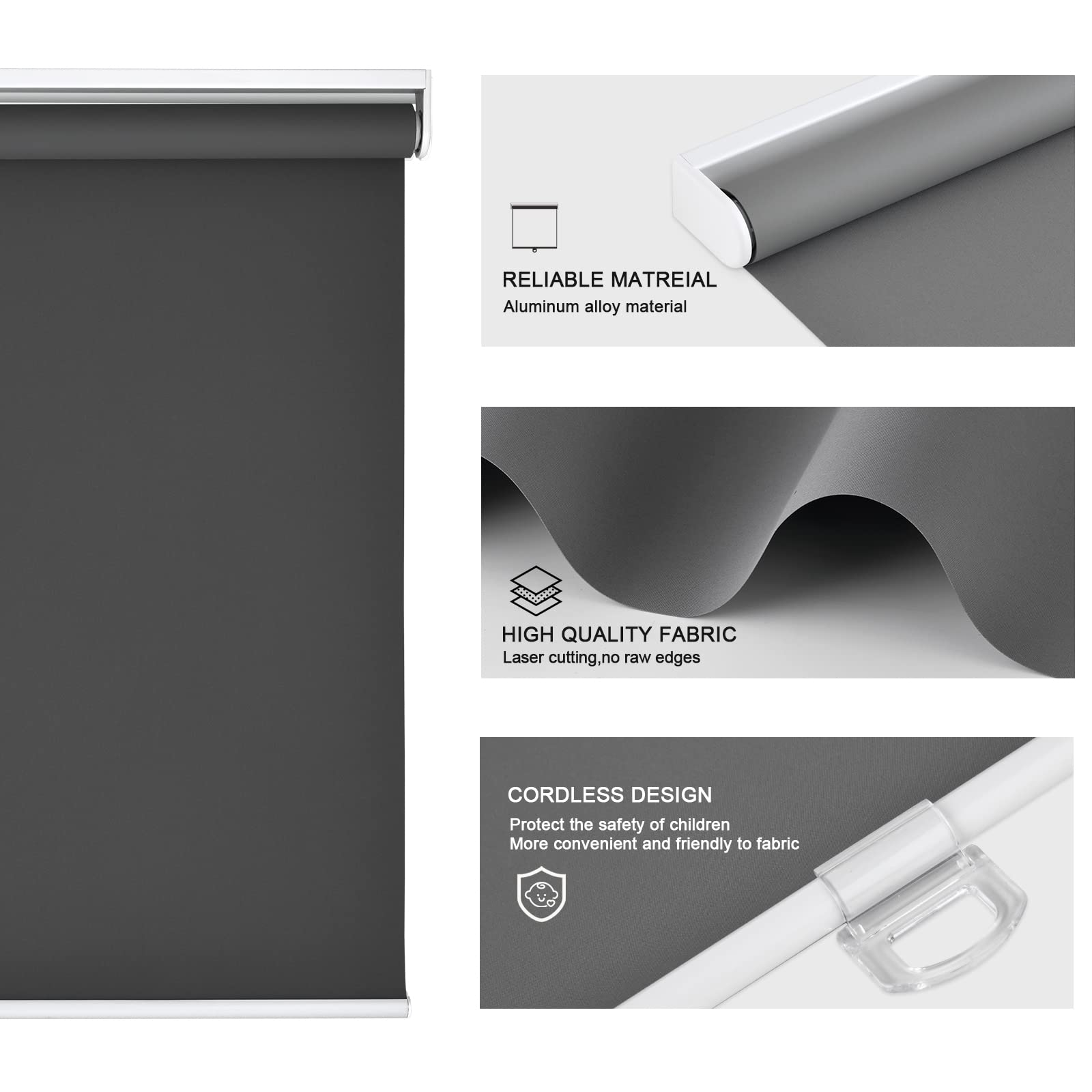 Lululand Window Roller Shades Cordless 100% Blackout(23" W x 72" H, Grey),with Spring System to Protect Privacy and Maintain Room Temperature.Easy to Install, Suitable for Home, Office