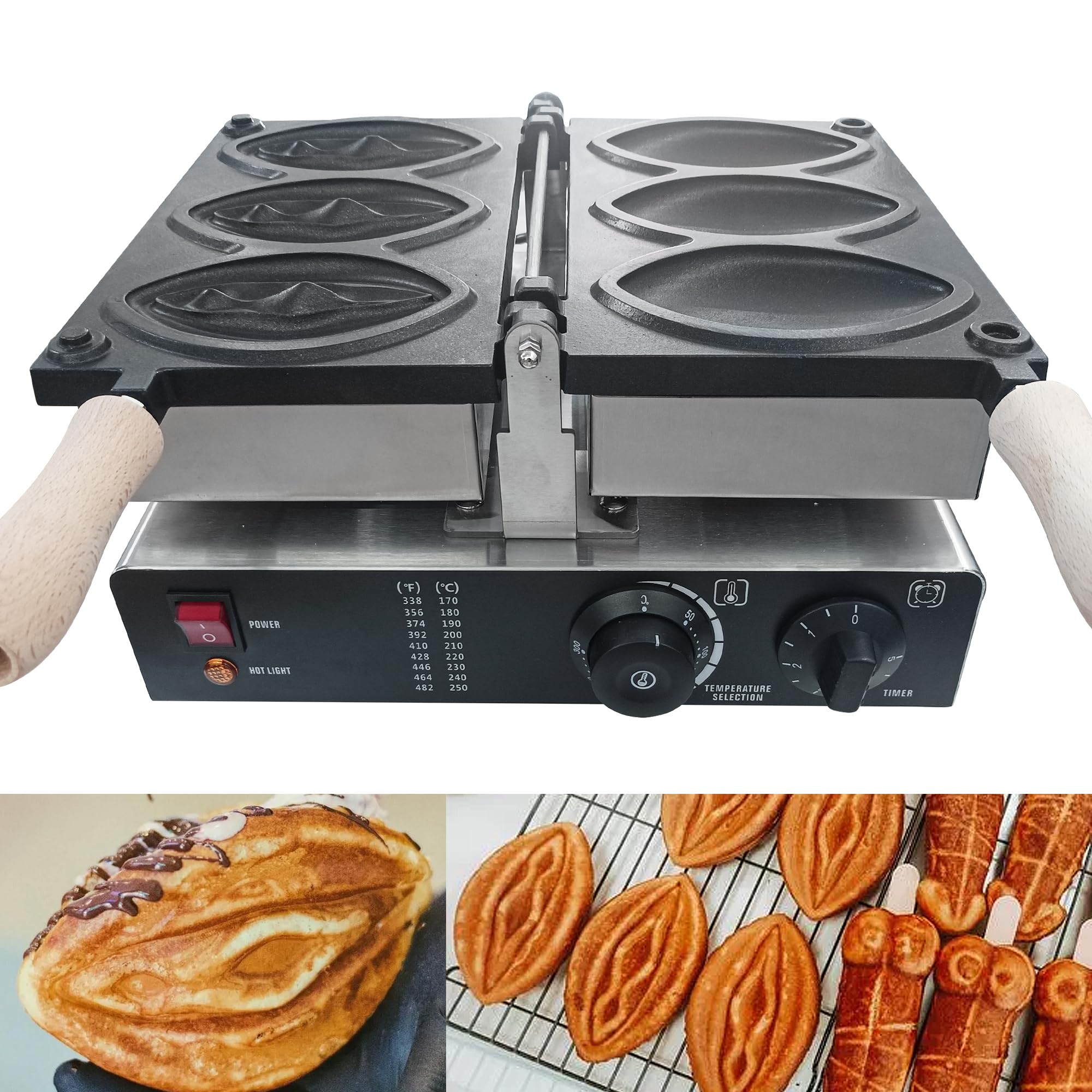 Vaseni Commercial Abalone Shape Waffle Maker Machine, 3 PCS Strange Shaped Electric Vagina Waffle Machine, Hot Dog Baker Maker, Strange Waffle Iron Non-Stick Inner, Temperature Control