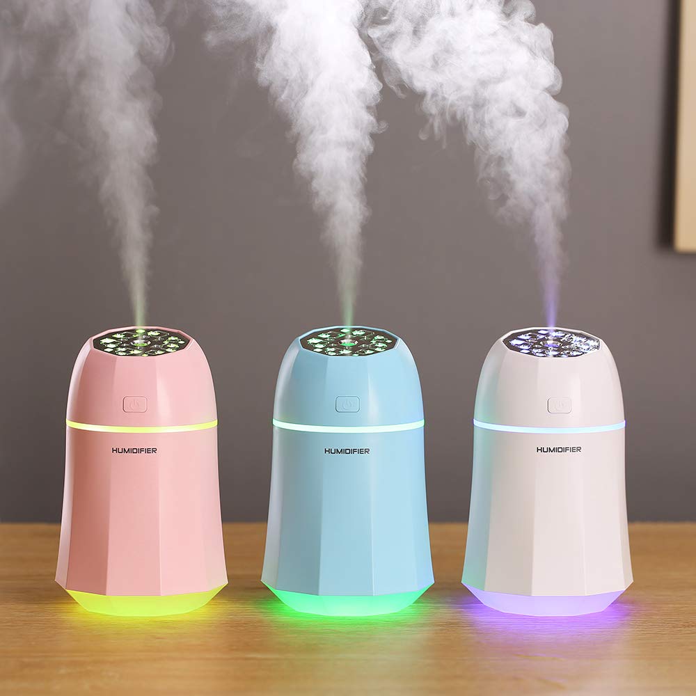 MIni Humidifier, 280ml Small Cool Mist USB Personal Ultrasonic Humidifiers with 7-Color Led Lights Changing For Bedroom Home Office Travel(White)