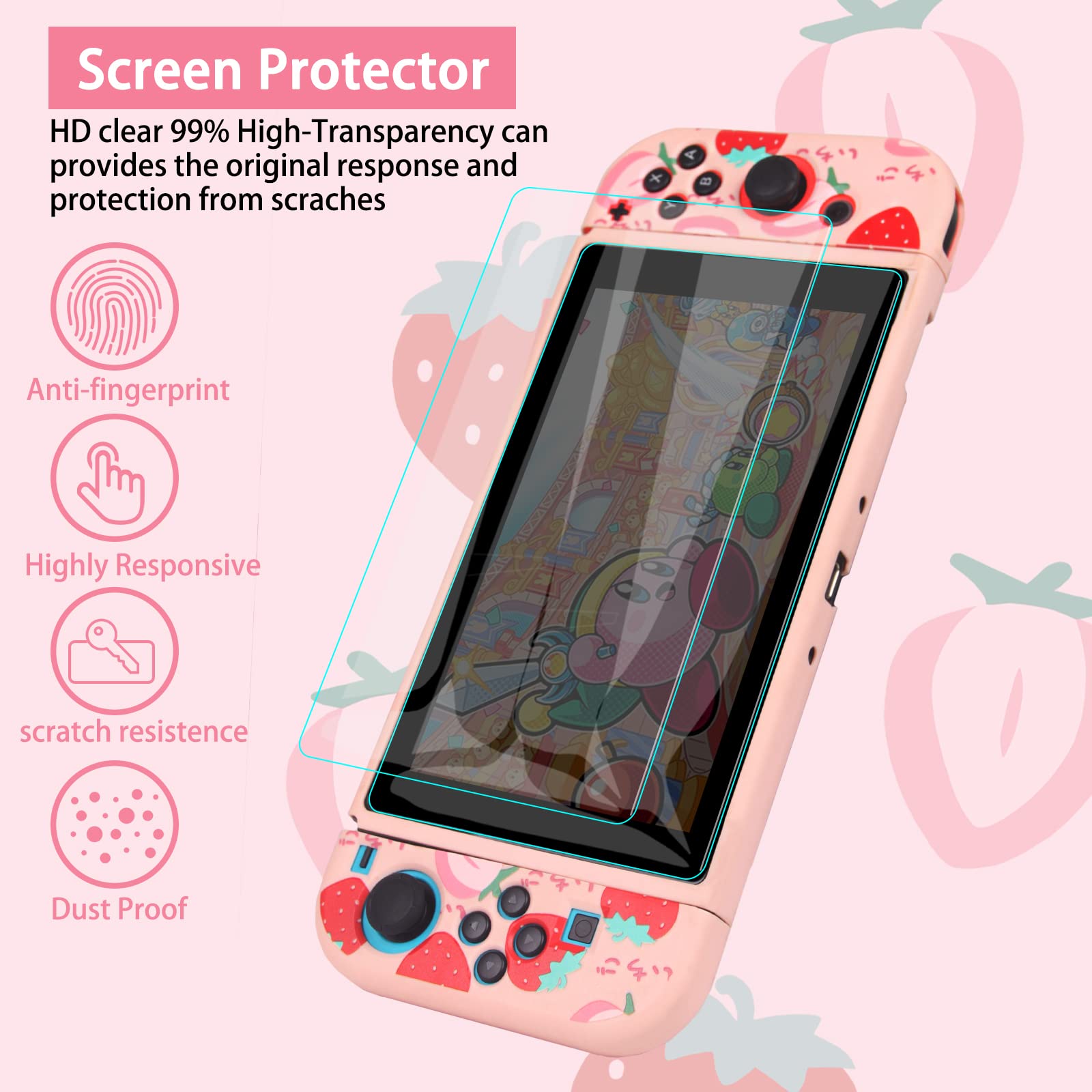 TIKOdirect Carrying Case for Nintendo Switch, Cute Portable Travel Case 8 in 1 Accessories with Protective Case, Screen Protectors, Stand, Game Card Case and Thumb grip caps, Strawberry