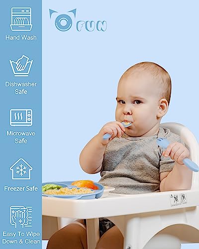 OFUN 8 Pack Silicone Toddler Feeding Set, Baby Led Weaning Supplies with Adjustable Bib, Divided Suction Plate, Bowl and a Sippy Cup, with 2 Spoon, 2 Folk, Eating Utensil for 6+ Months, Blue