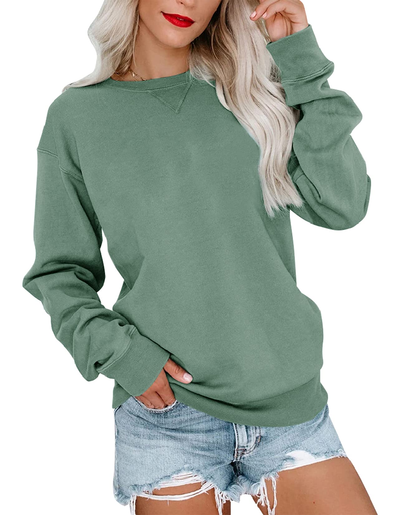 Orchidays Womens Casual Crewneck Sweatshirts Long Sleeve Cute Tunic Tops Loose Fitting Pullovers (Green,Large,Adult,Female,US,Alpha,Large,Regular,Regular)