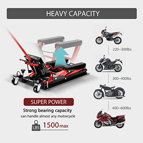 VIVOHOME Hydraulic Motorcycle Lift Jack 1500 LBS Capacity Steel ATV Lifts Stand Hoist with Wheels and Handle for Motorcycles, ATVs, Dirt Bikes Red