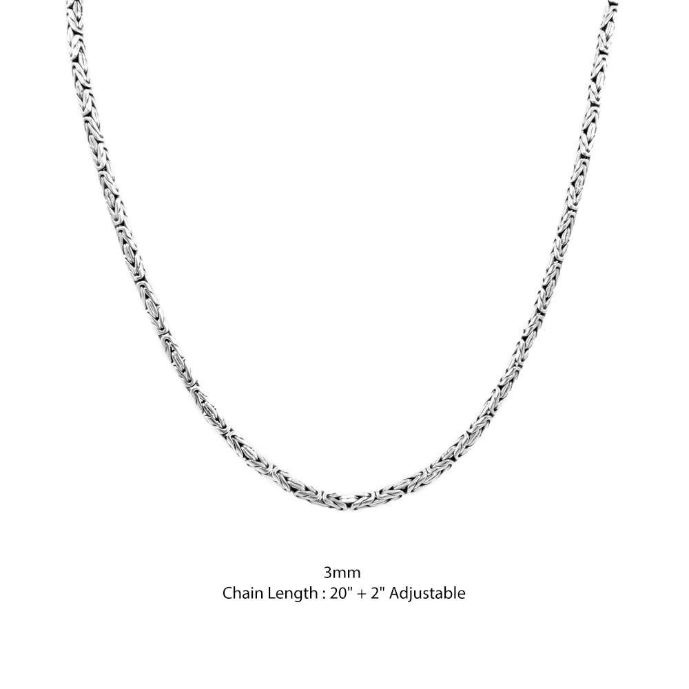 SARDA - .925 Sterling Silver 2mm Byzantine Chain Watermark Pattern Lobster Claw Clasp Necklace - Handmade by Bali Artisans - 20” w/ 2” Adjustable Extender