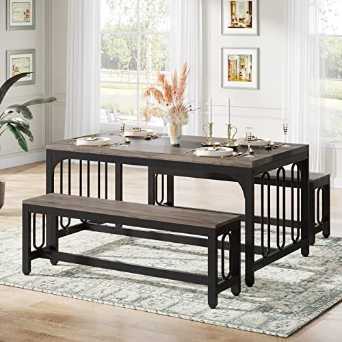 LITTLE TREE Dining Table Set, 3-Piece Kitchen Table with 2 Benches, Rustic Grey