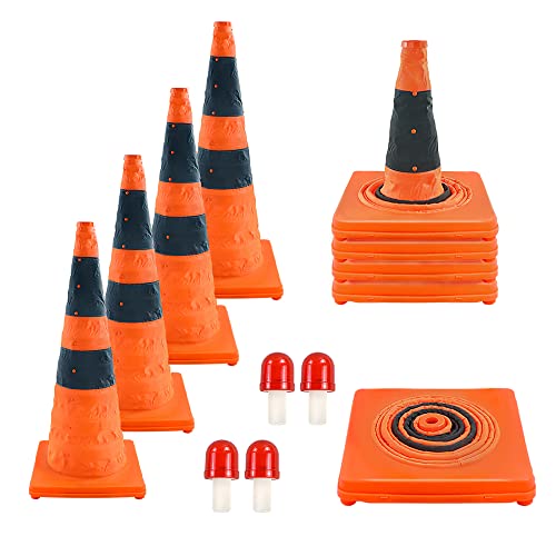WHDZ 28 inch Collapsible Traffic Cones with LED Light Multi Purpose Pop up Reflective Safety Cones 4 Pack Orange