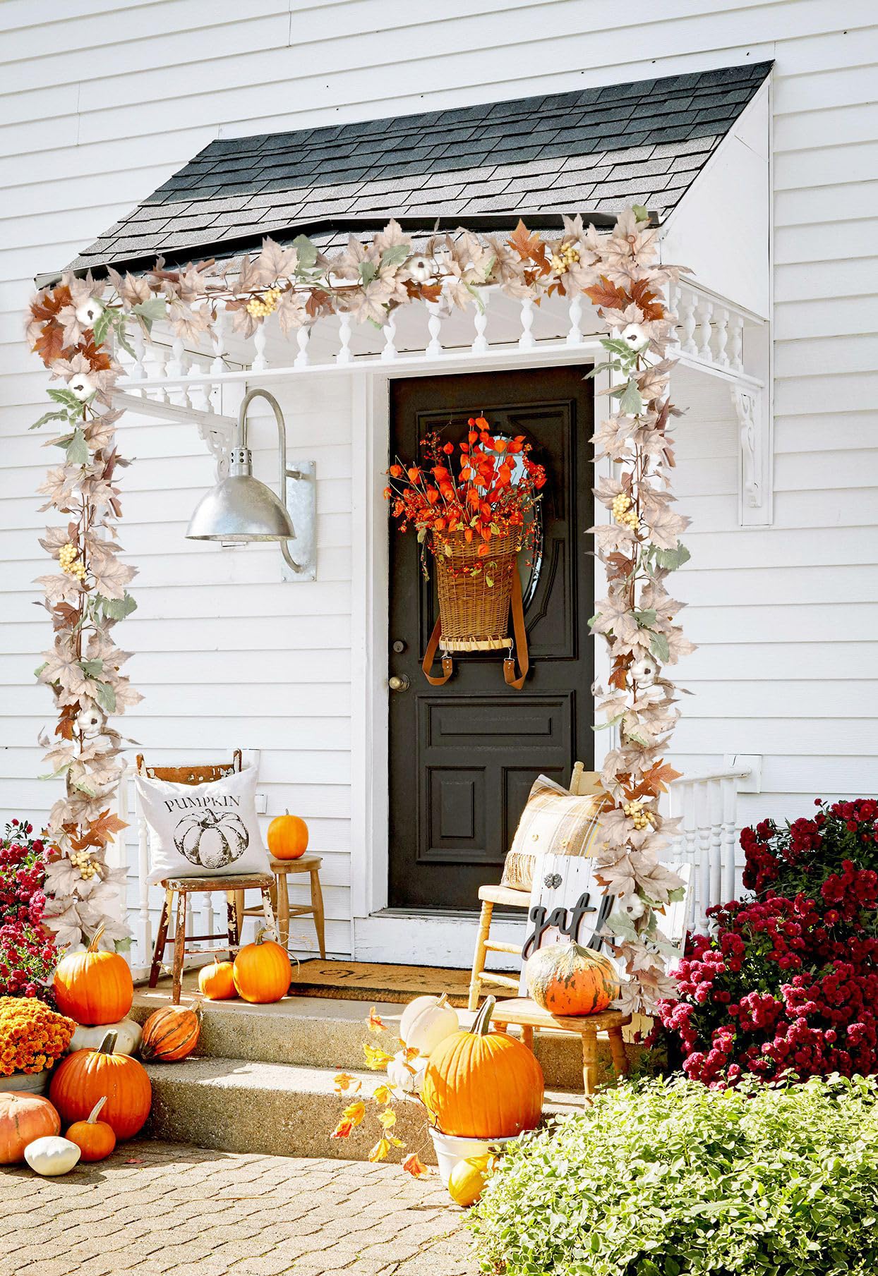 Lvydec Fall Maple Leaves Garland Decoration - 5.8ft Artificial Fall Foliage Garland with White Pumpkins Autumn Decor for Halloween Thanksgiving Home Table Decor (White)
