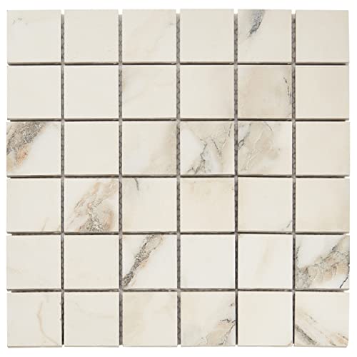 Saroshi Calacatta Rustico 4 in. x 4 in. Matte Porcelain Marble Look Floor and Wall Mosaic Tile Sample