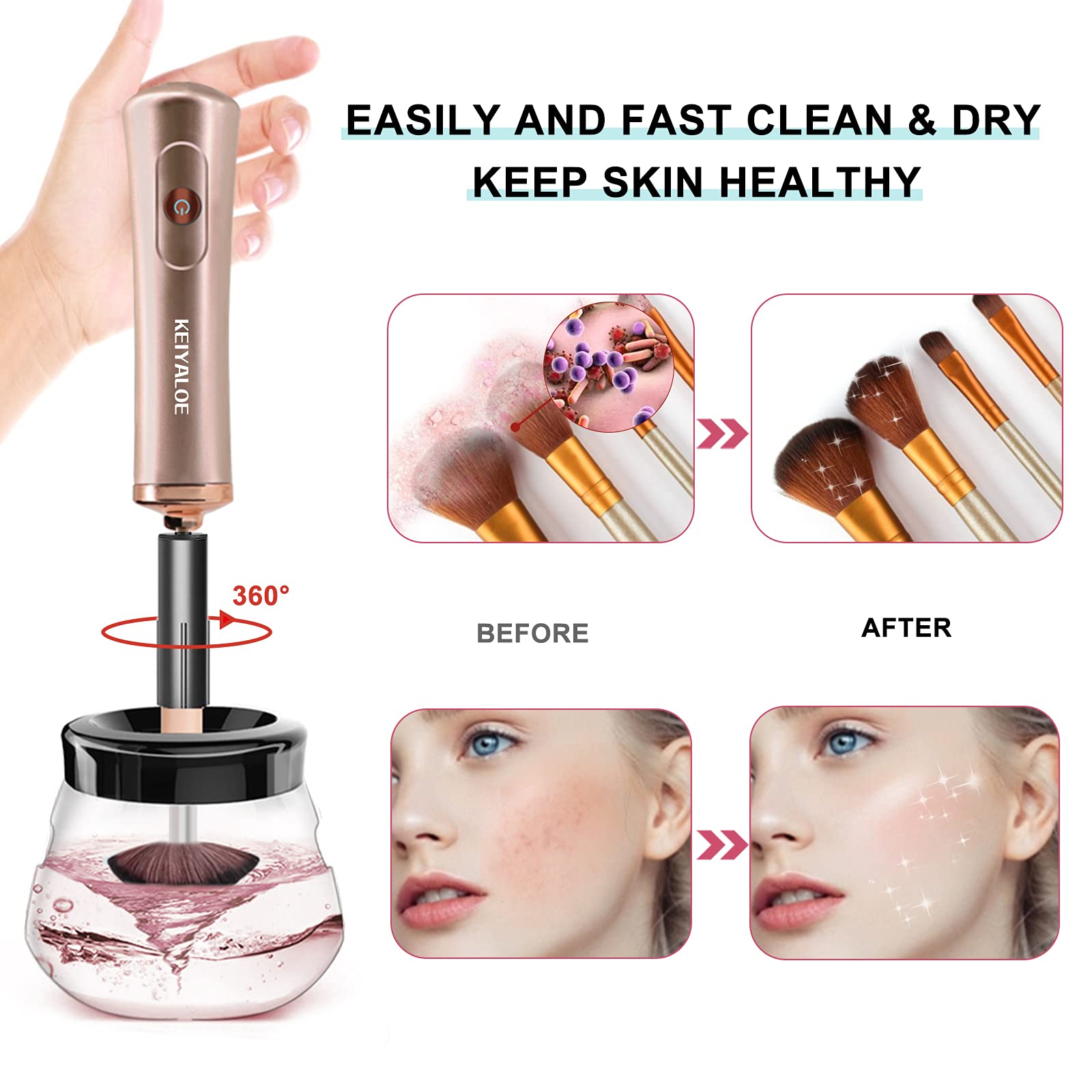 Makeup Brush CLeaner, Automatic Makeup Brushes Deep Cosmetic Brush Spinner (Gold)