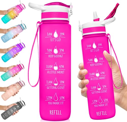 NatureWorks HydroMATE 32 oz Water Bottle with Time Markings Hourly BPA Free Reusable Leak Proof with Straw and Carrying Strap 1 Liter