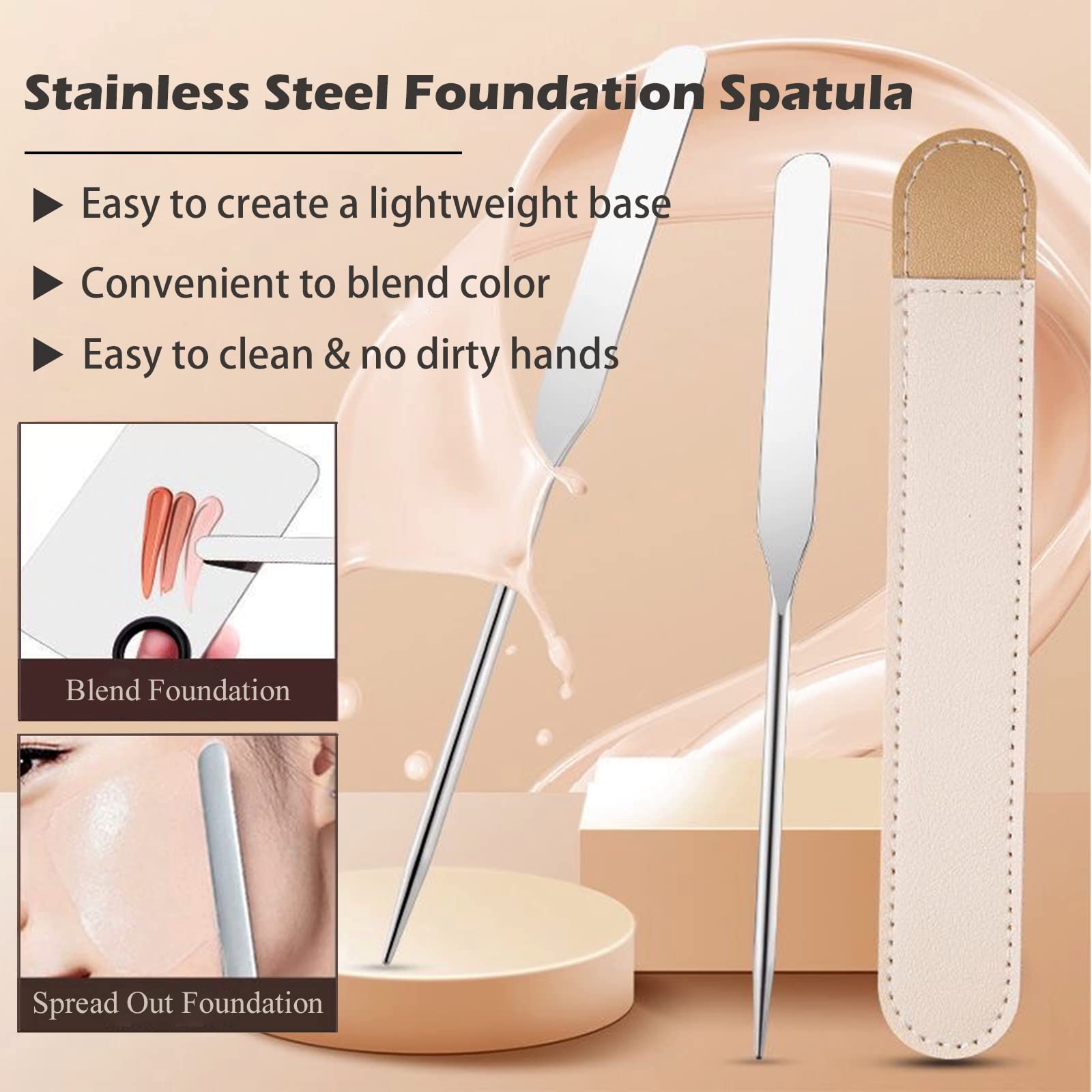 Penugo Picasso Makeup Spatula and Palette Set, Korean Makeup Spatula with Leather Cover, Stainless Steel Makeup Palette with Scraper Tool, Metal Foundation Palette for Cosmetic Pigment Blending(SS)