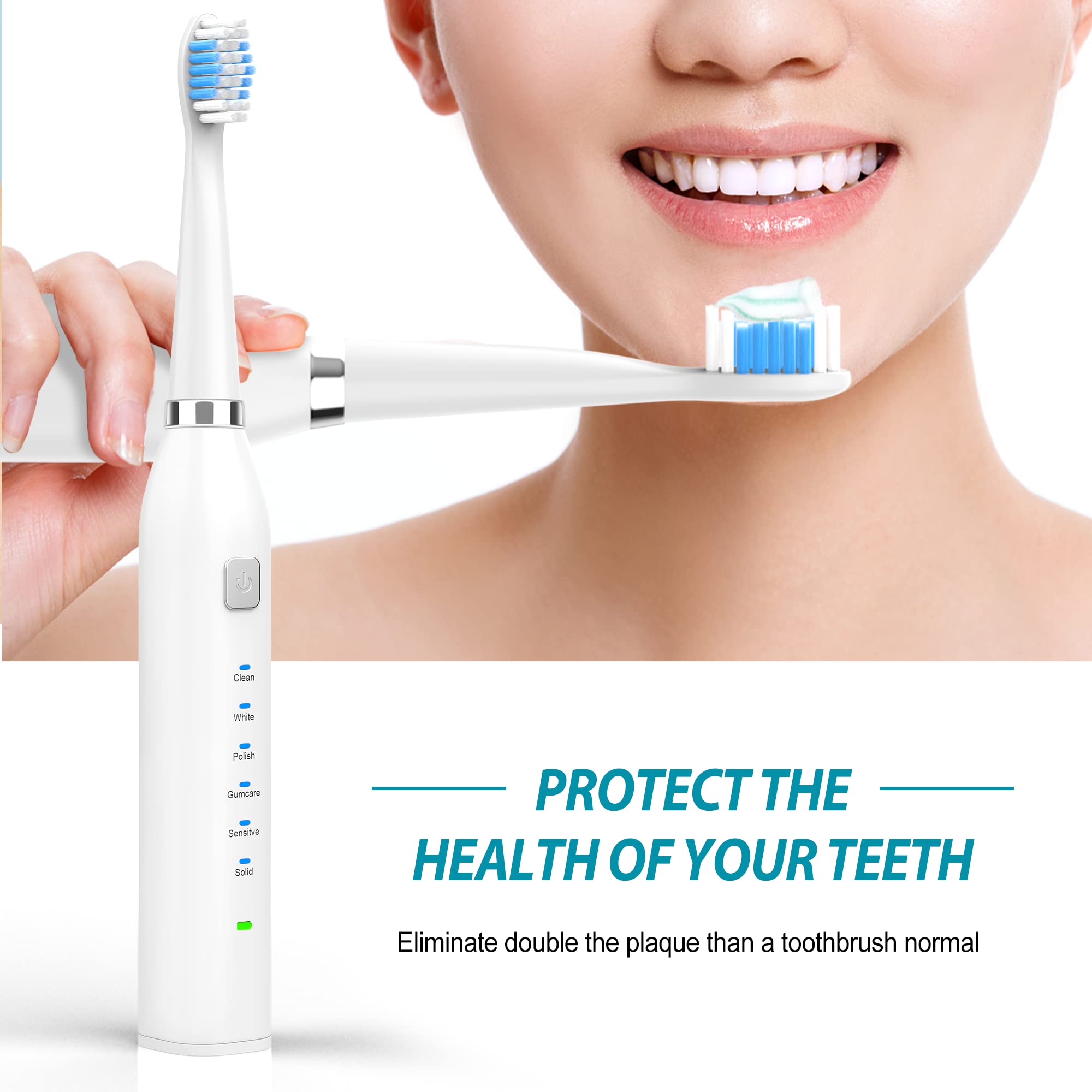 VDTG 2pcs White Electric Toothbrush, Adult Rechargeable Toothbrush, 6 Optional Modes and 2-Minute Built-in Timer, Waterproof Function, USB Fast Charging