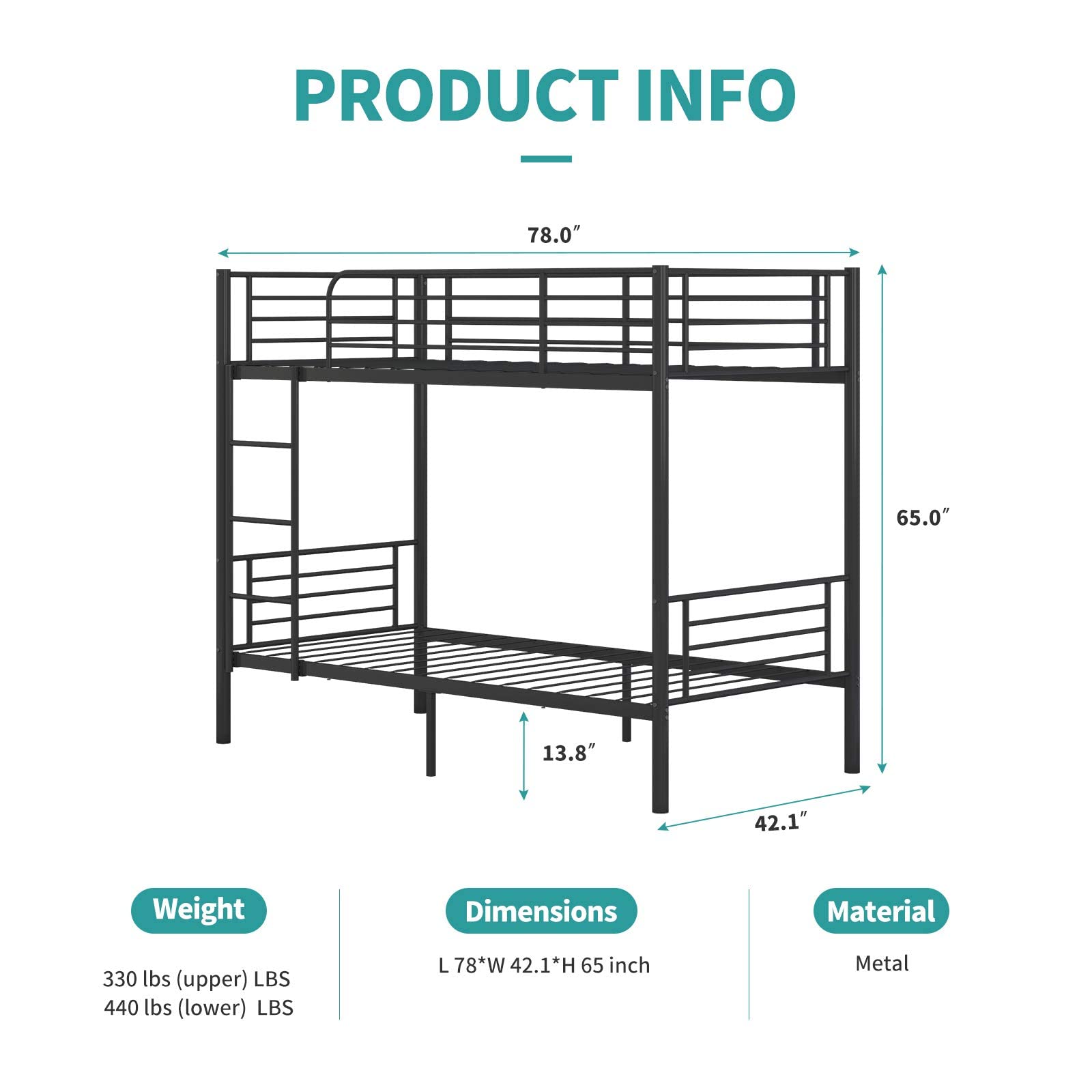 Lumelay Bunk Bed Twin Over Twin, Heavy Duty Twin Size Metal Bunk Bed Frame with Guardrail & Ladders, Space-Saving, Noise Free, No Box Spring Needed (Black)