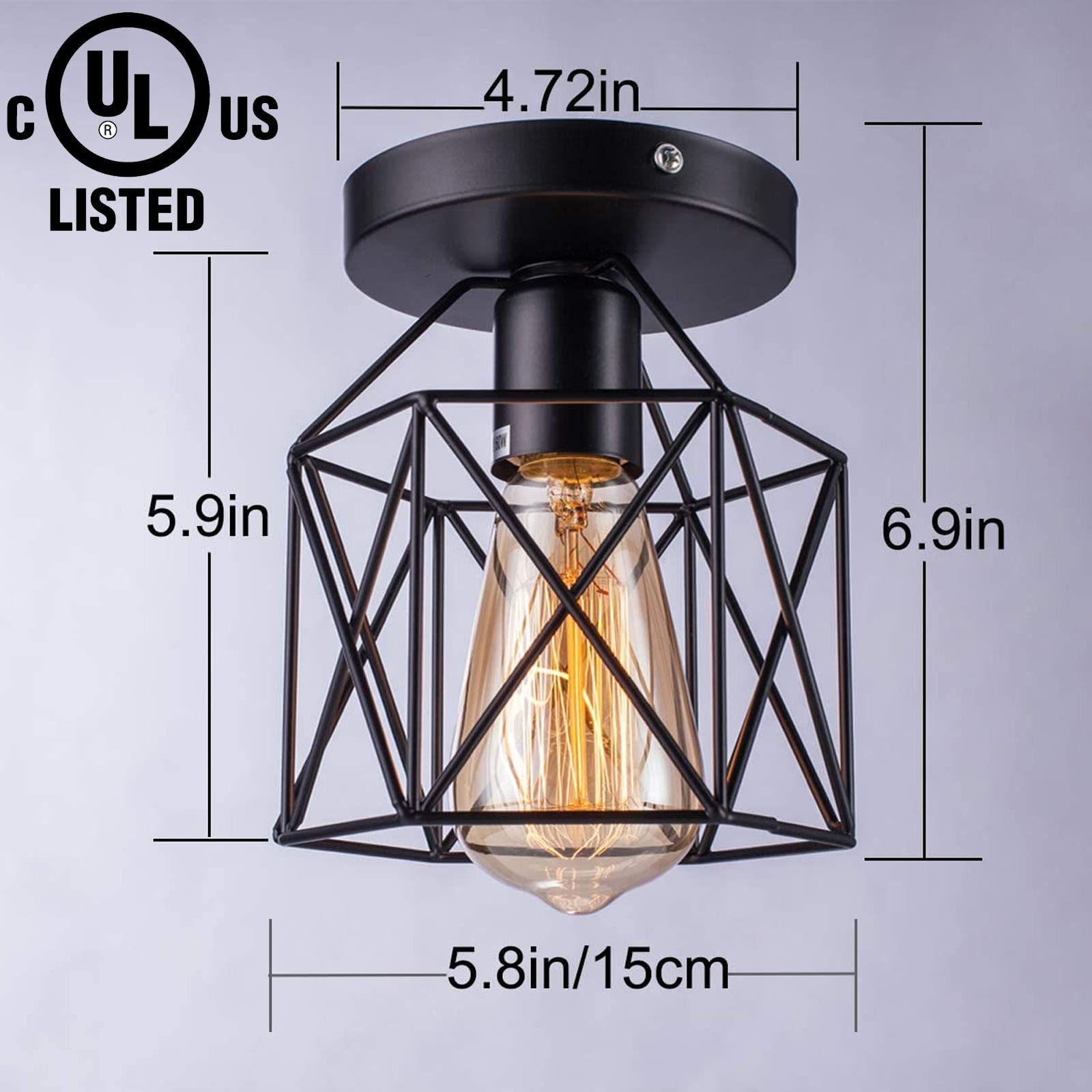 Licperron Hallway Light Fixtures Ceiling Mount, E26 E27 Retro Black Industrial Semi Flush Mount Ceiling Light for Porch Hallway Kitchen Farmhouse Lighting, 2 Pack, RV Light Fixtures, UL Approval