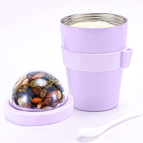 Wheelive Insulated Yogurt Container with Lid, Leak Proof Stainless Steel Parfait Cups with Lids and Reusable Plastic Spoon, 17oz Overnight Oats Containers with Lid On the Go, Dishwasher Freezer Safe