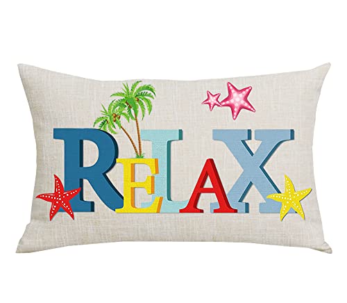 WENIANRU Blue Yellow Red Word Art Relax Starfish Summer Home Sofa Chair Bed Decoration Lumbar Pillowcase Cotton Linen Decorative Throw Pillow Cover Case Rectangular 12 x 20 Inches