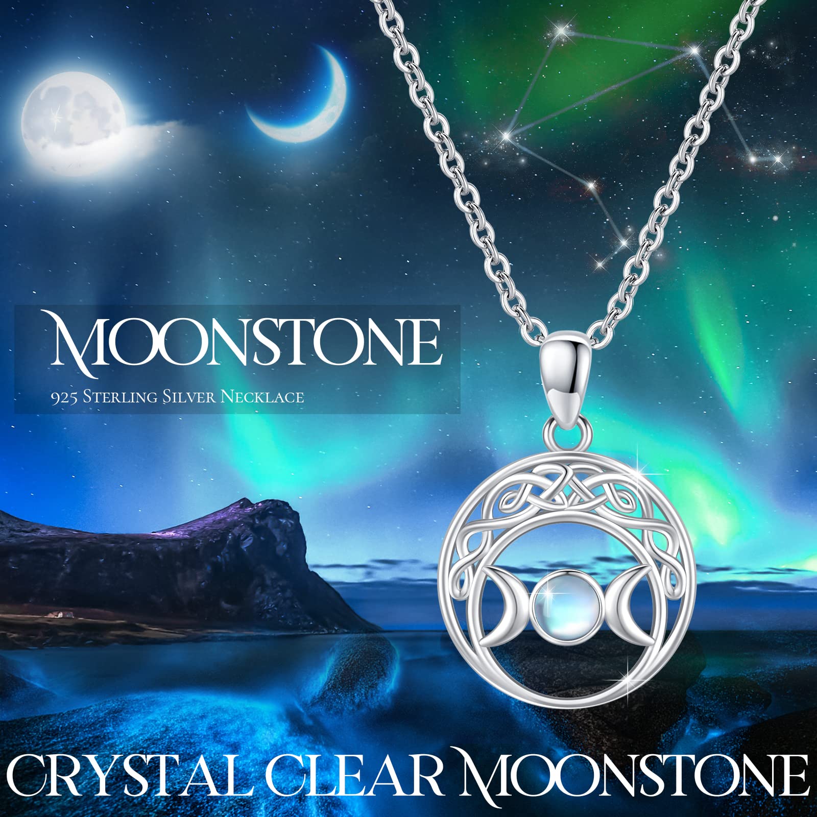 OHAYOO Triple Moon Goddess Necklace 925 Sterling Silver Celtic Moonstone Pendant Necklace Triple Moon Goddess Jewelry for Women