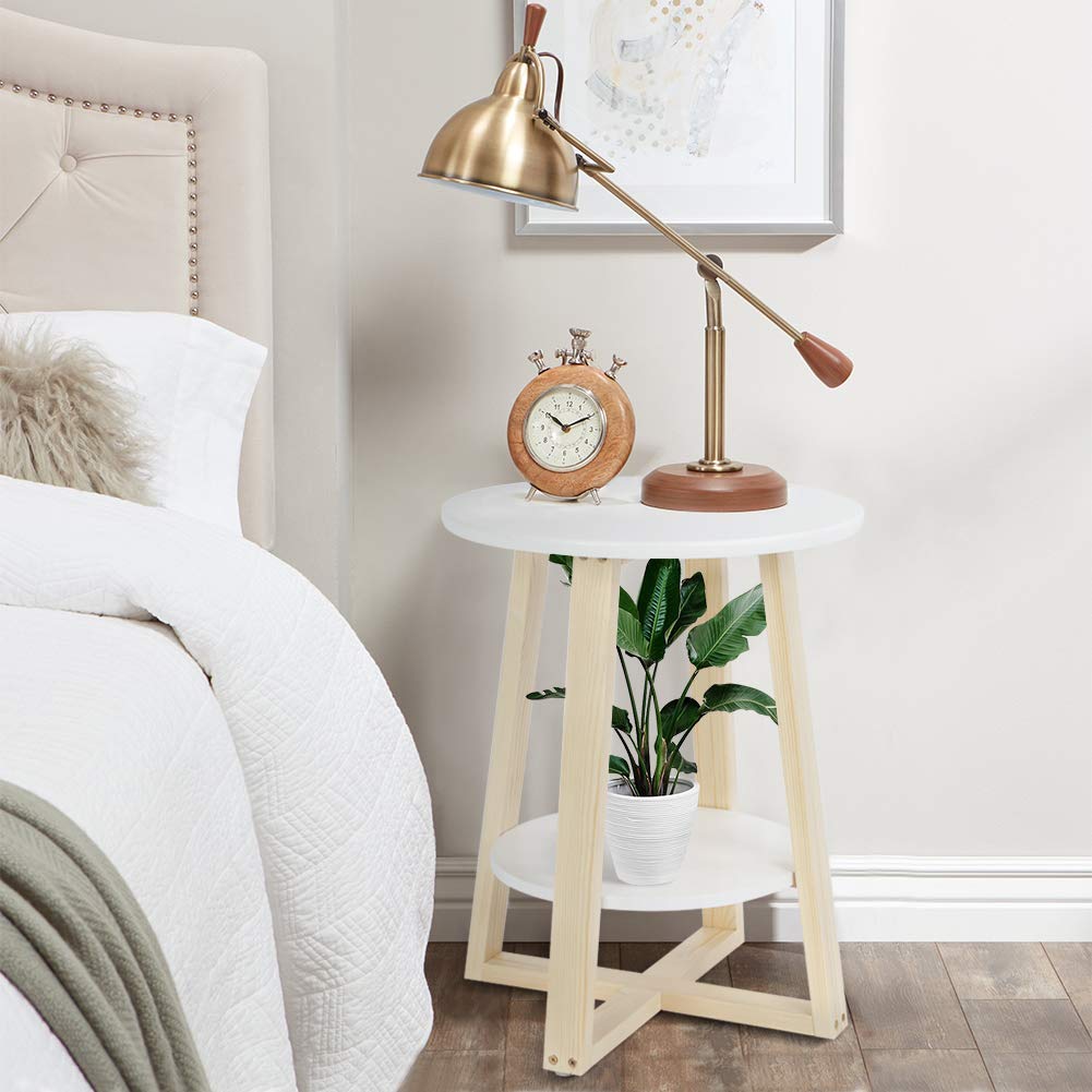 Liusin 2 Tier Round Side Table, Contemporary Multi-Purpose Small Space Round Sofa Coffee Nightstand Table with Storage Shelf and Solid Wood Legs for Home Office Bedroom Living Room(White)