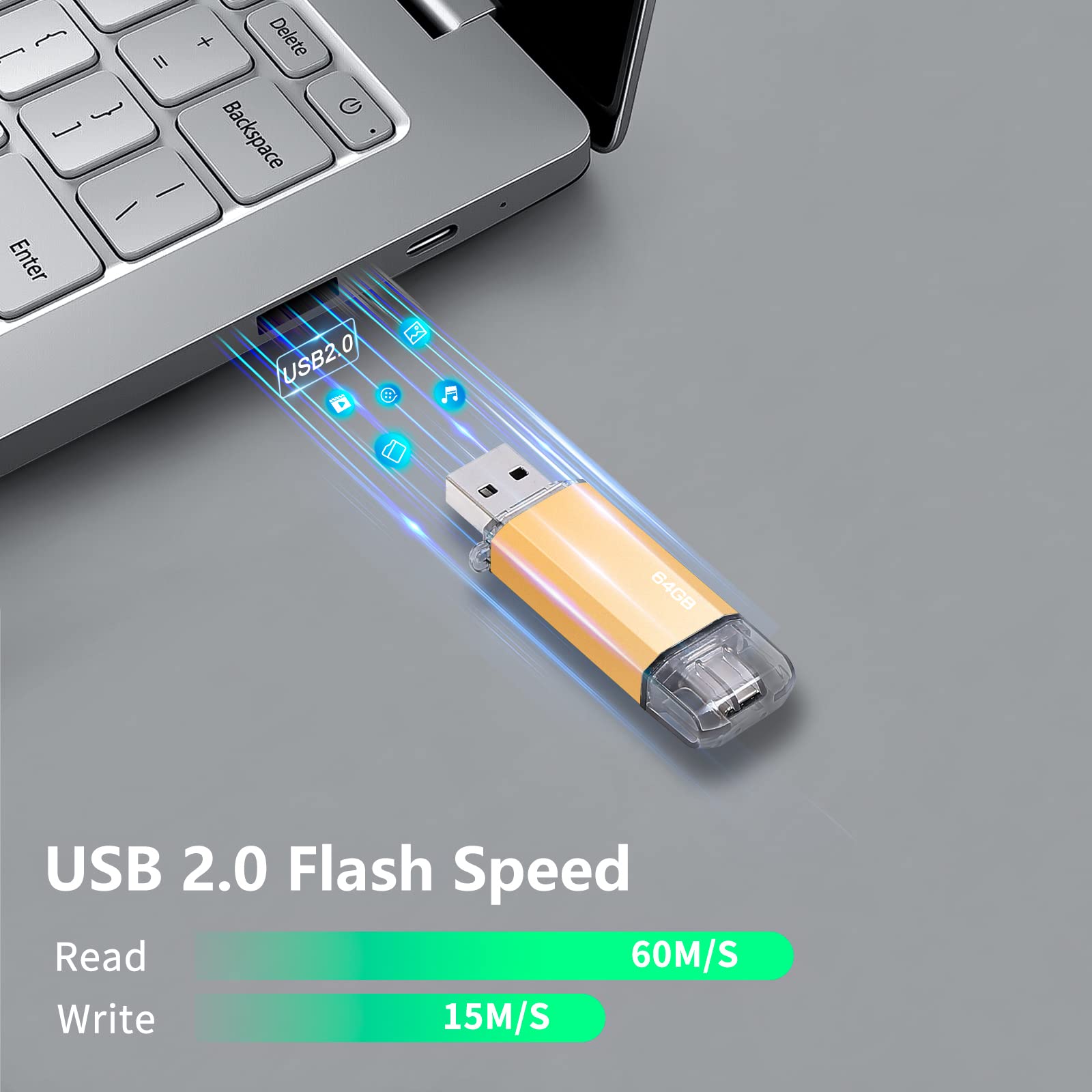 USB Drive Type C 64GB, 2 in 1 USB 2.0 Flash Drive, Ersynke 64GB USB Thumb Drive for PC/Tablet/Laptop/Compatible with Xiaomi/Oneplus/Huawei etc. Smartphones with Type C
