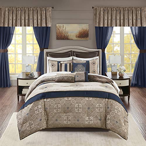 Madison Park Essentials Delaney 24-Piece Room In A Bag Comforter Set-Satin Jacquard All Season Luxury Bedding, Sheets, decorative pillows and Curtains, Valance, Queen (90 in x 90 in), Medallion Navy