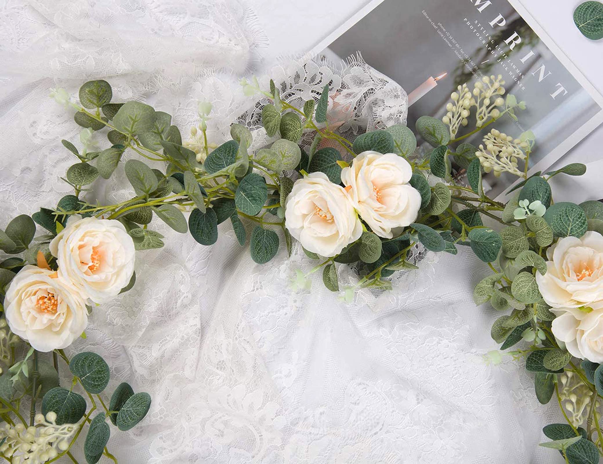 Miracliy 2 Pack 13FT Artificial Eucalyptus Garland with Champagne Roses Flower Vine Eucalyptus Greenery Garland for Weddings and Parties
