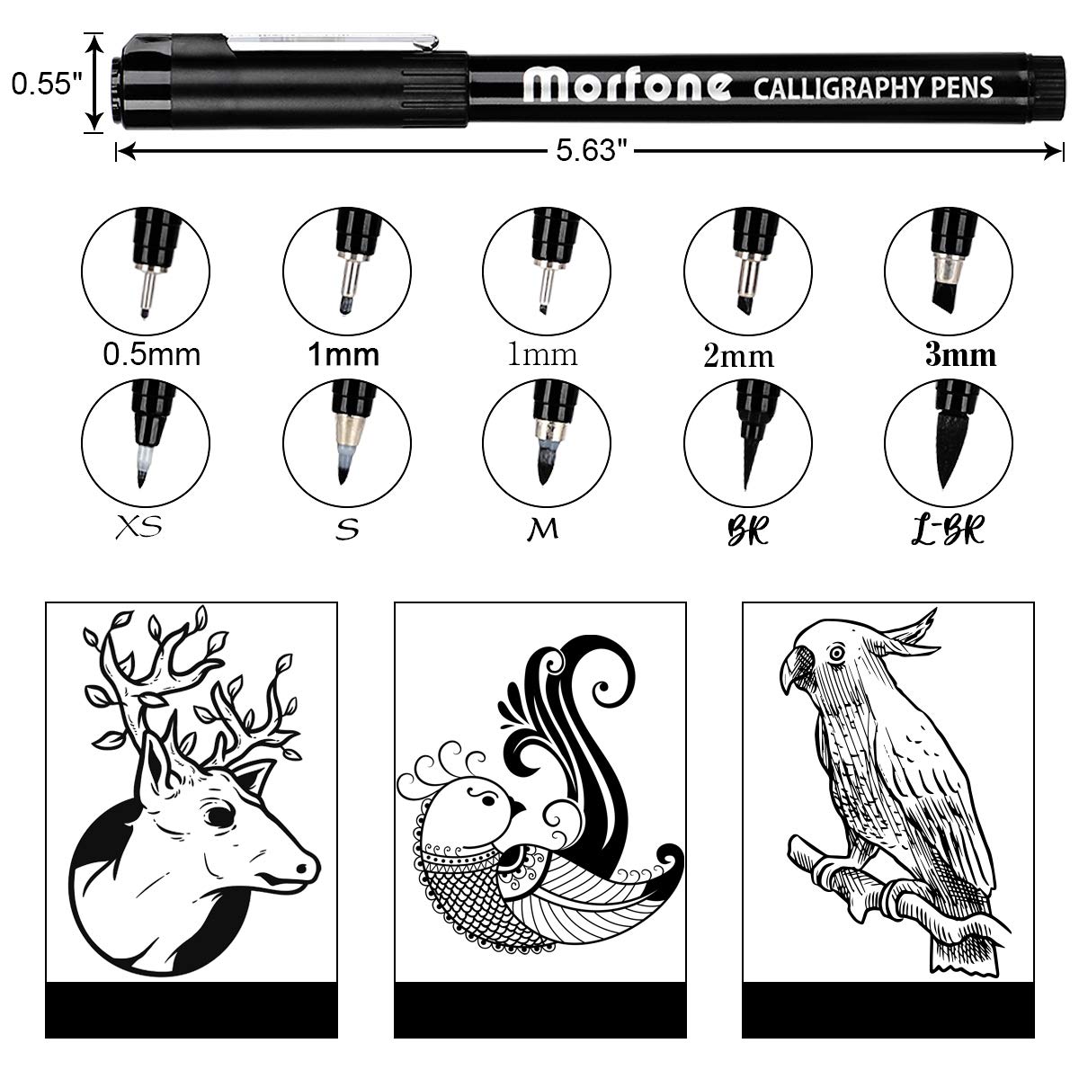 Morfone 10 Size Hand Lettering Pens Calligraphy Brush Pens Black Ink Markers Set Art Kit for Beginners, Hand Writing, Drawing, Sketching, Journaling, Illustrations