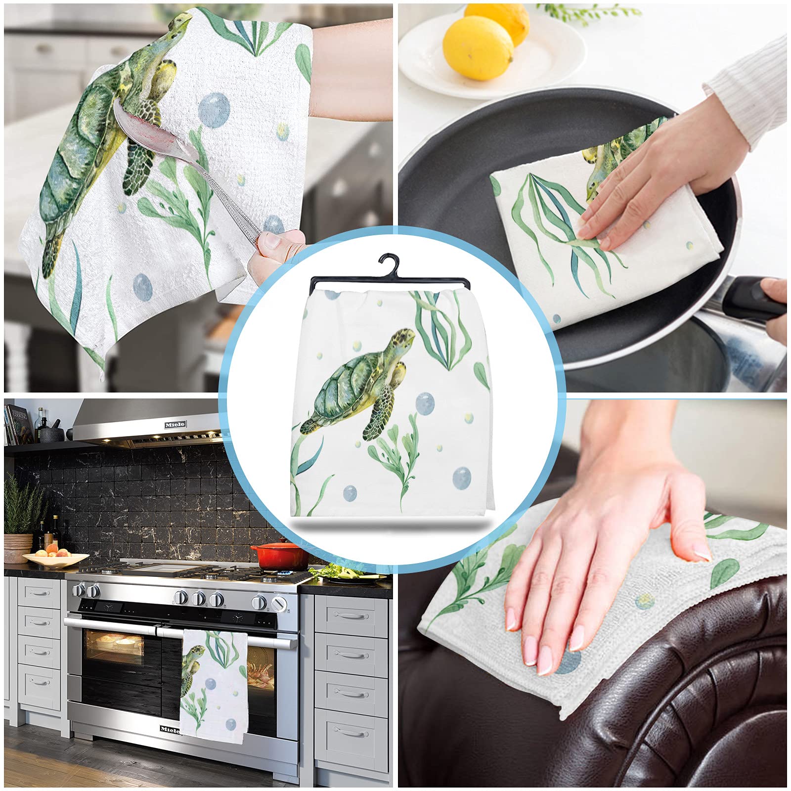 RainbowDay Cotton Kitchen Towels Super Soft Absorbent Kitchen Dish Towels for Drying Dishes/Hand/Tea/Bar Towels Sea Turtle Coral Marine Life Cleaning Kitchen Towels 2 Pack, 18x28 Inch