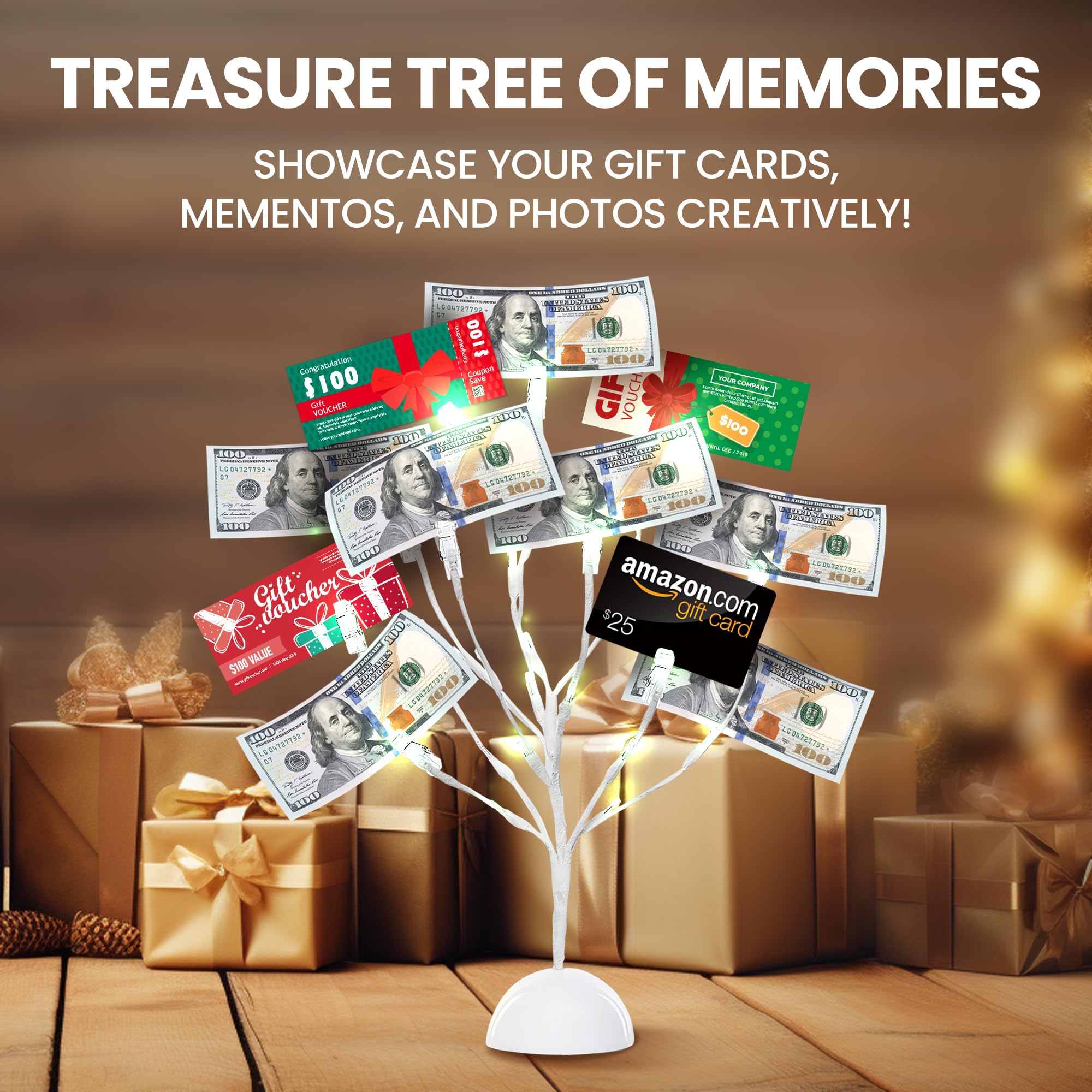 MEIN SCHATZ Money Tree Gift Card Holder with 10 Clips & LED Lighted Tips - White Money Tree Gift Holder for Cash - Ideal Present for Wedding, Birthday, Easter & Christmas - Photo & Gift Card Tree